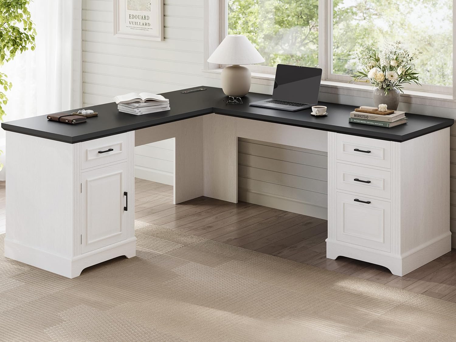 Amazon.com: Itaar Farmhouse Executive L Shaped Desk, Home Office Desk with File Drawer and Power ...