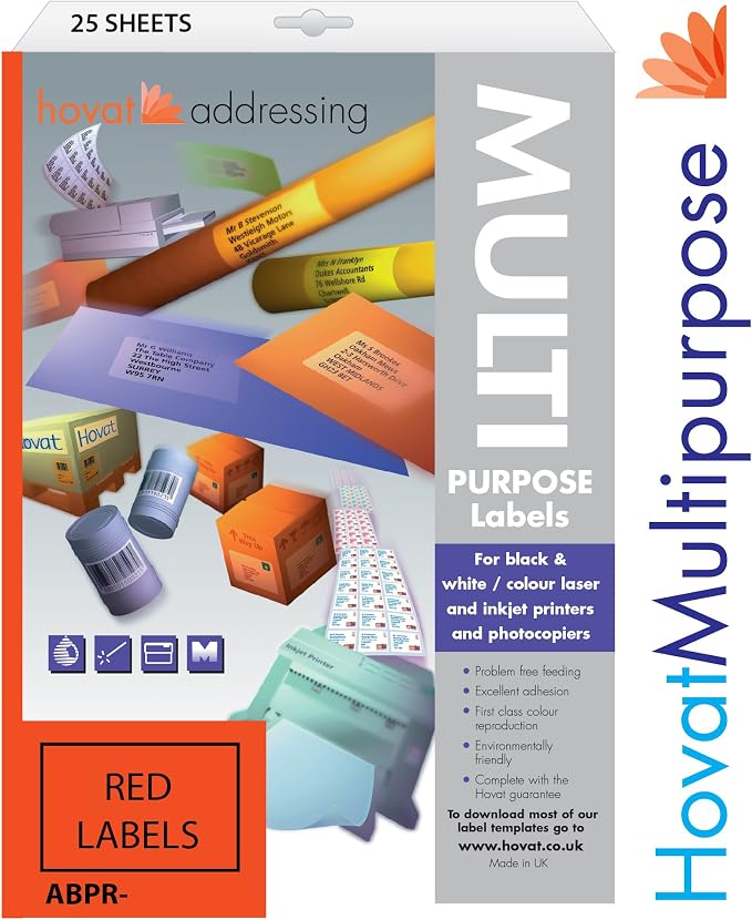 Hovat Multi-Purpose. 65 labels per sheet. 38 x 21.2 mm Matte Red Self ...