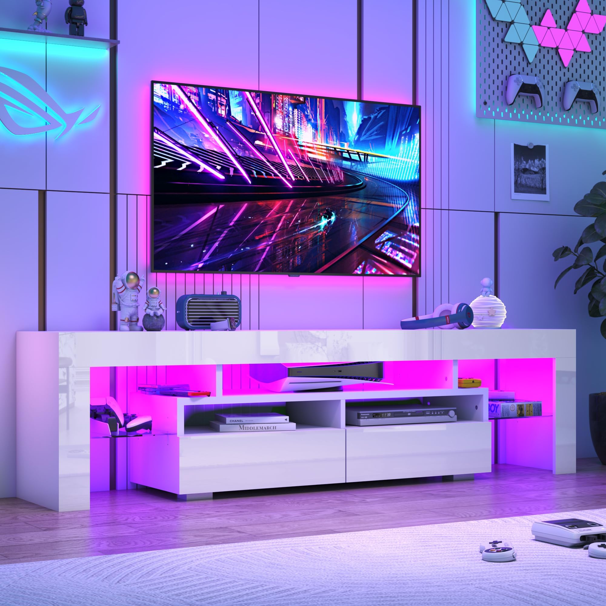 Amazon.com: Nrizc White LED TV Stand for 75 Inch TV, High Gloss TV ...
