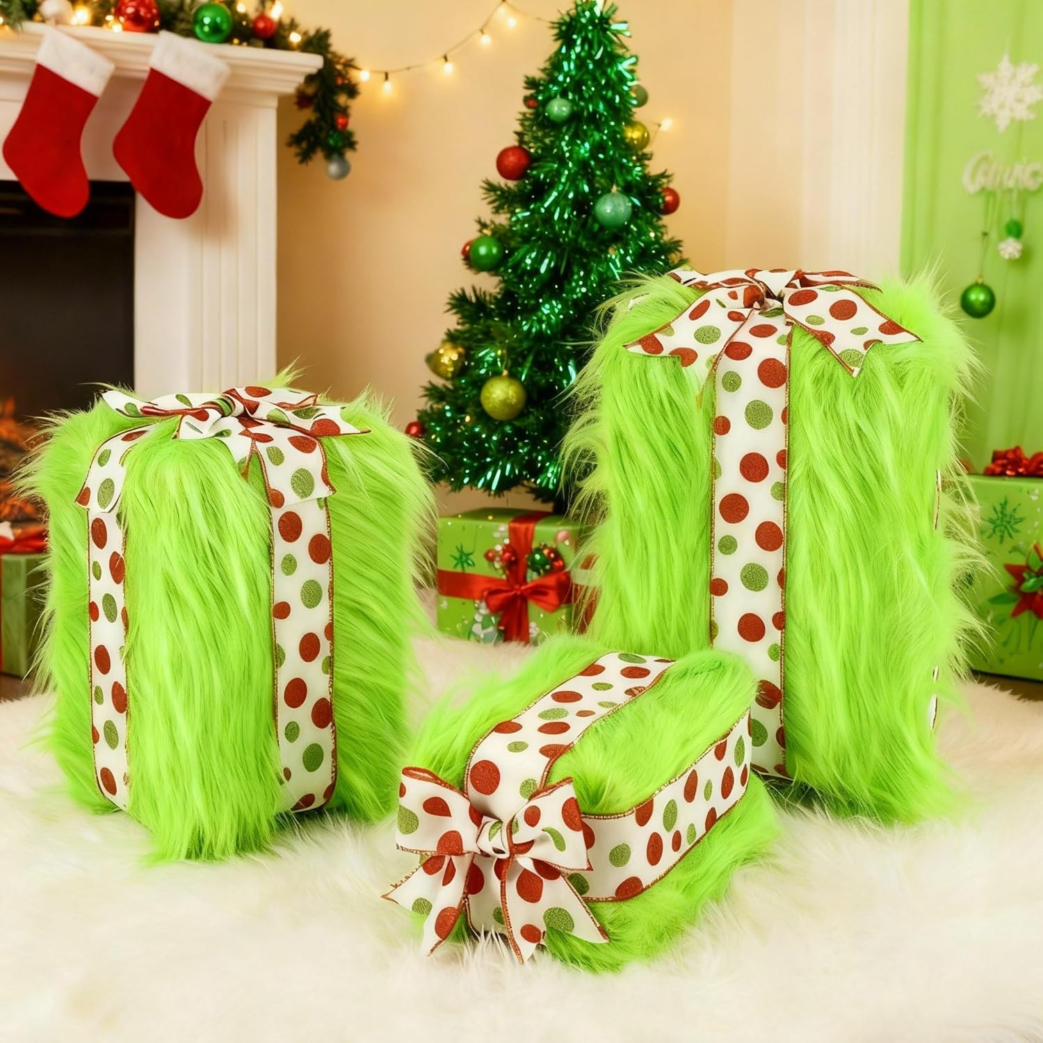 Amazon.com: Hillsuren 3 Set Green Furry Christmas Nesting Gift Boxes ...