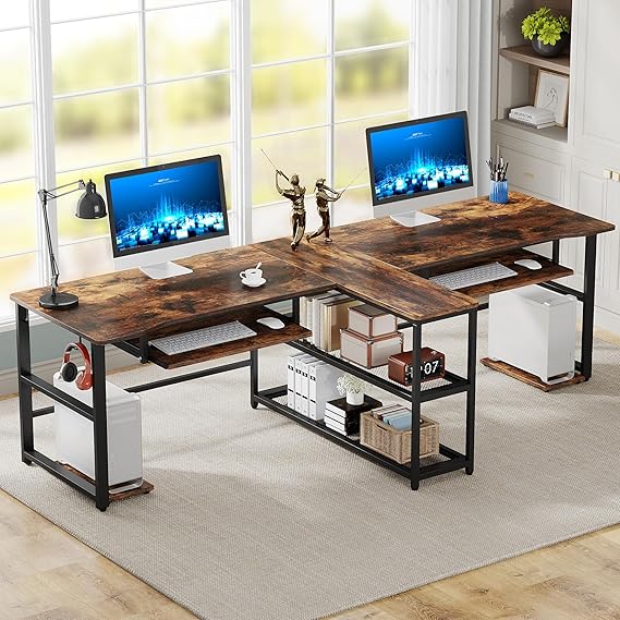 Amazon.com: Tribesigns 94.5 inch Two Person Desk with Keyboard Tray ...