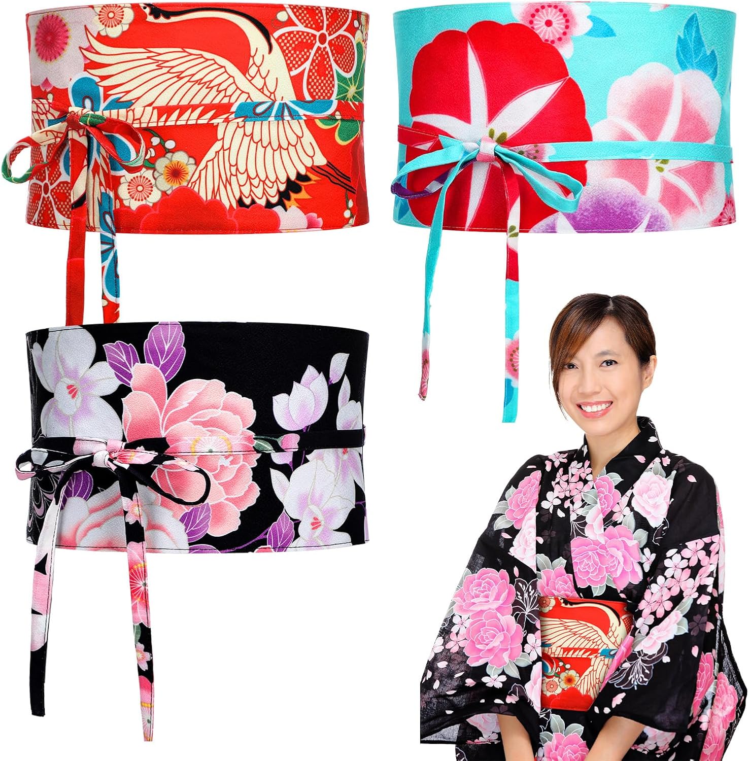 Handepo 3 Pcs Women's Japanese Kimono Robe Obi Belt Kimono Robe Wide ...