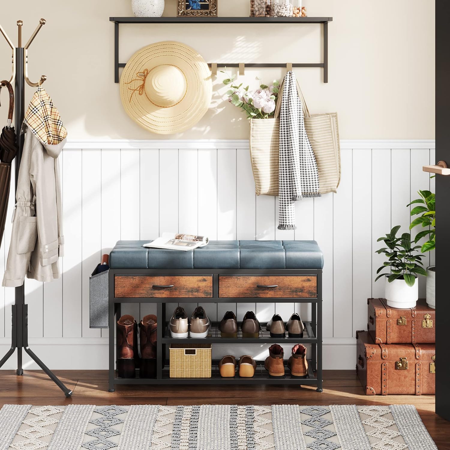 Mutun 35.5'' x 23'' Storage Shoe Bench, 3-Tier Entryway Bench with Padded Cushion Fabric Drawers ...