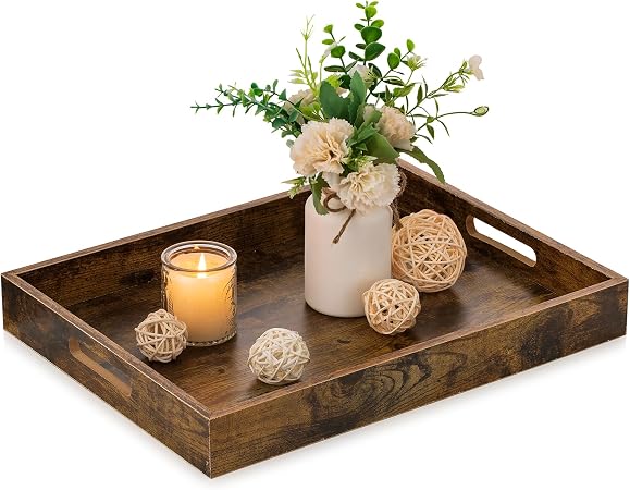 Hanobe Rectangular Decorative Wooden Tray: Rustic Brown Rectangle Trays ...
