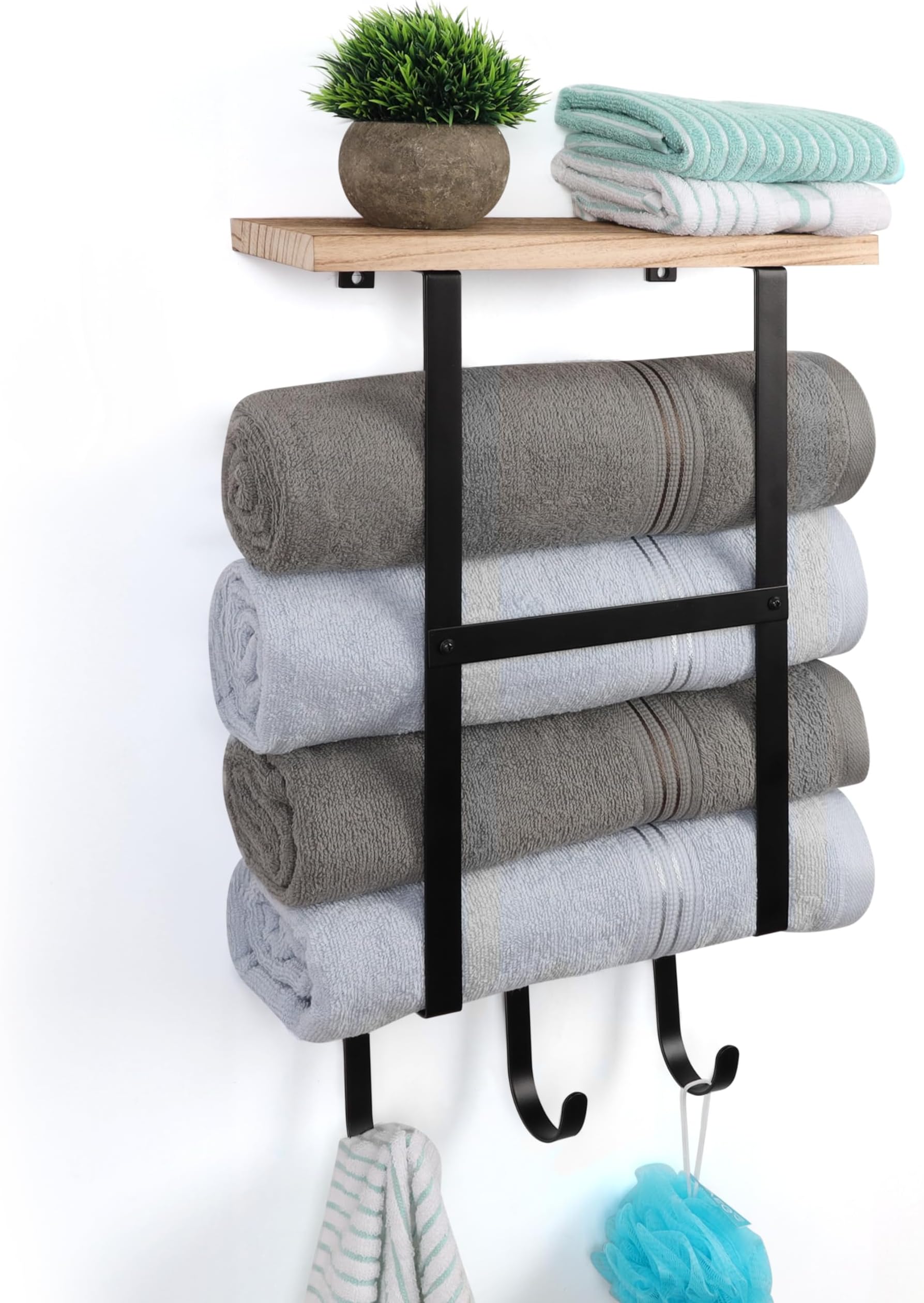 Amazon.com: Belle Vous Wall-Mounted Towel Rack with Shelf and 3 Hooks ...
