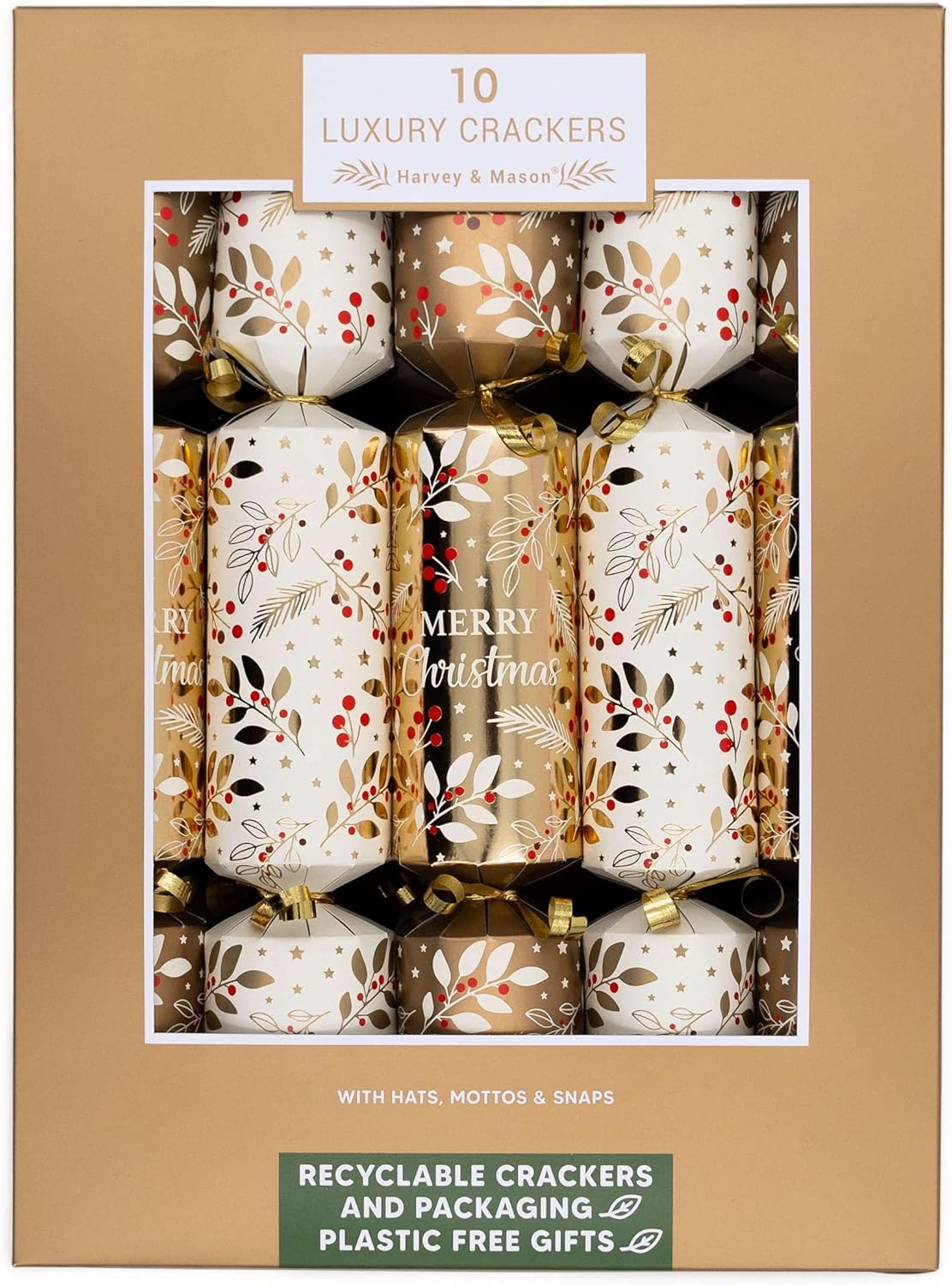 RSW Pack Of 10 Elegant Family Christmas Crackers Gold & Ivory Holly ...