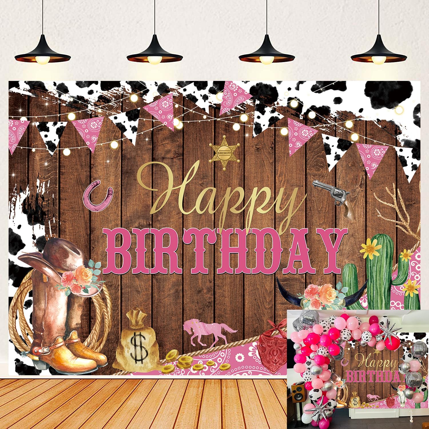 Amazon.com : Western Cowgirl Happy Birthday Backdrop Cow Print Pink ...