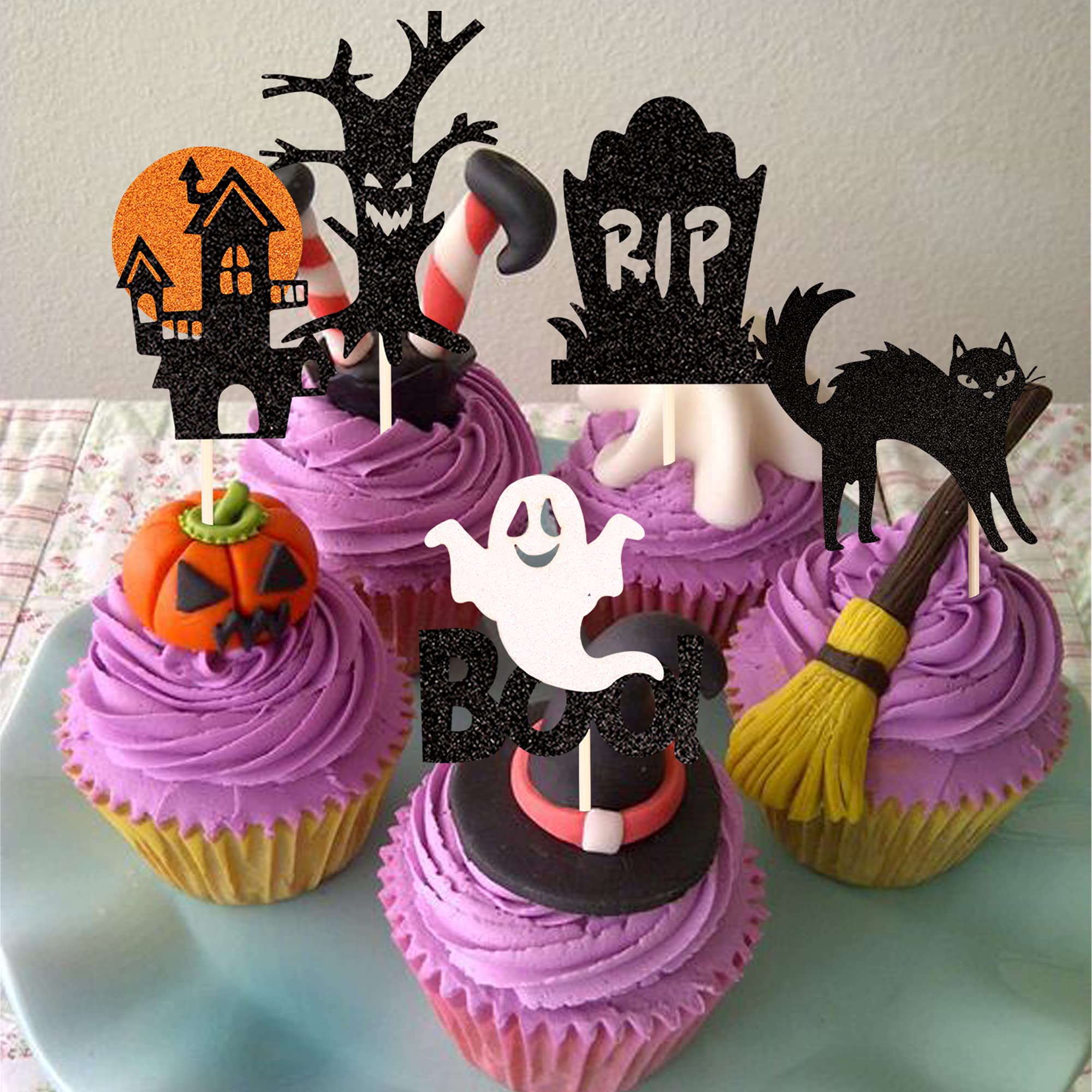 Snapklik.com : 30 PCS Halloween Cupcake Toppers Glitter Boo Ghost Tree ...