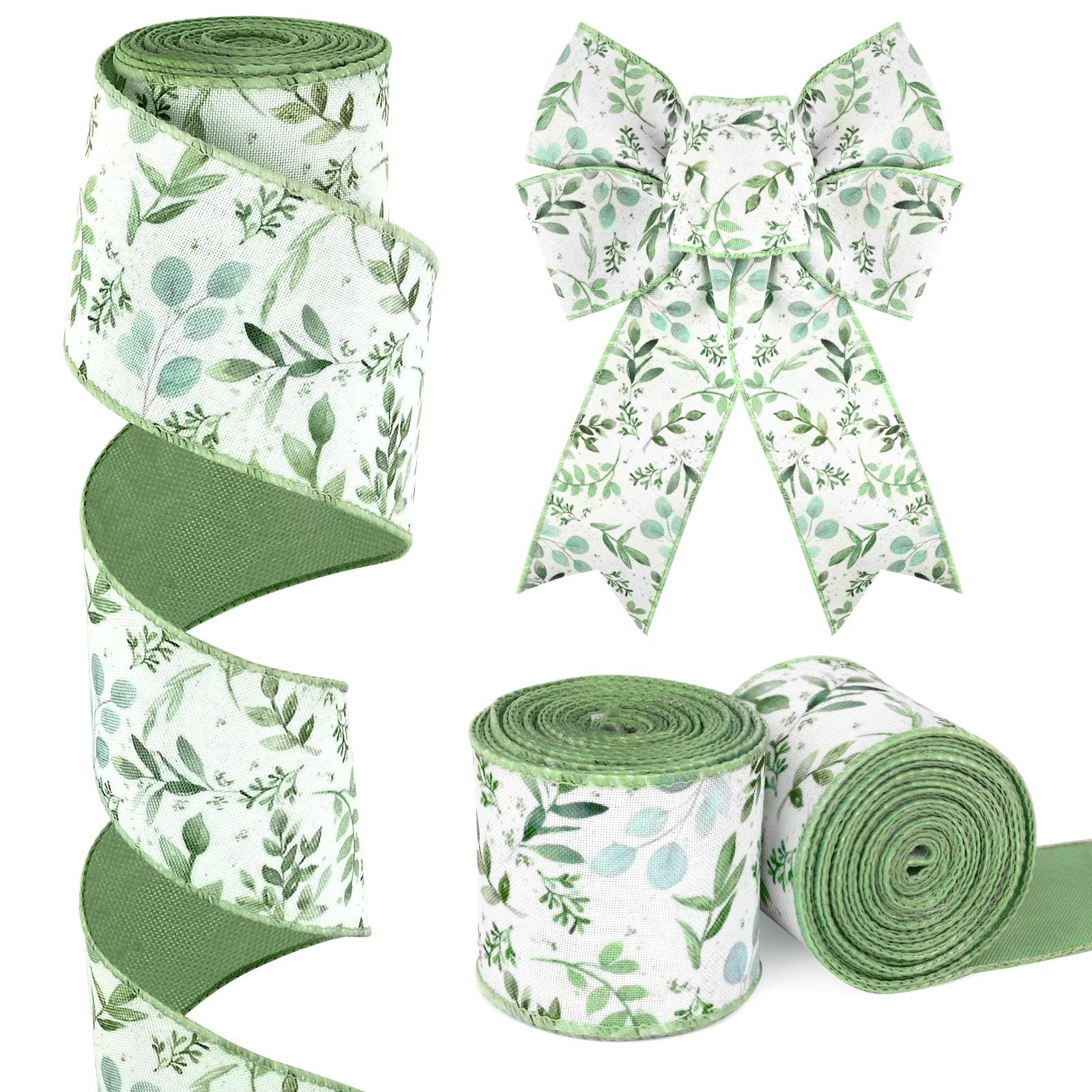Amazon.com: 10 Yards Green Leaves Wired Edge Ribbon 2.5 Inch Watercolor ...