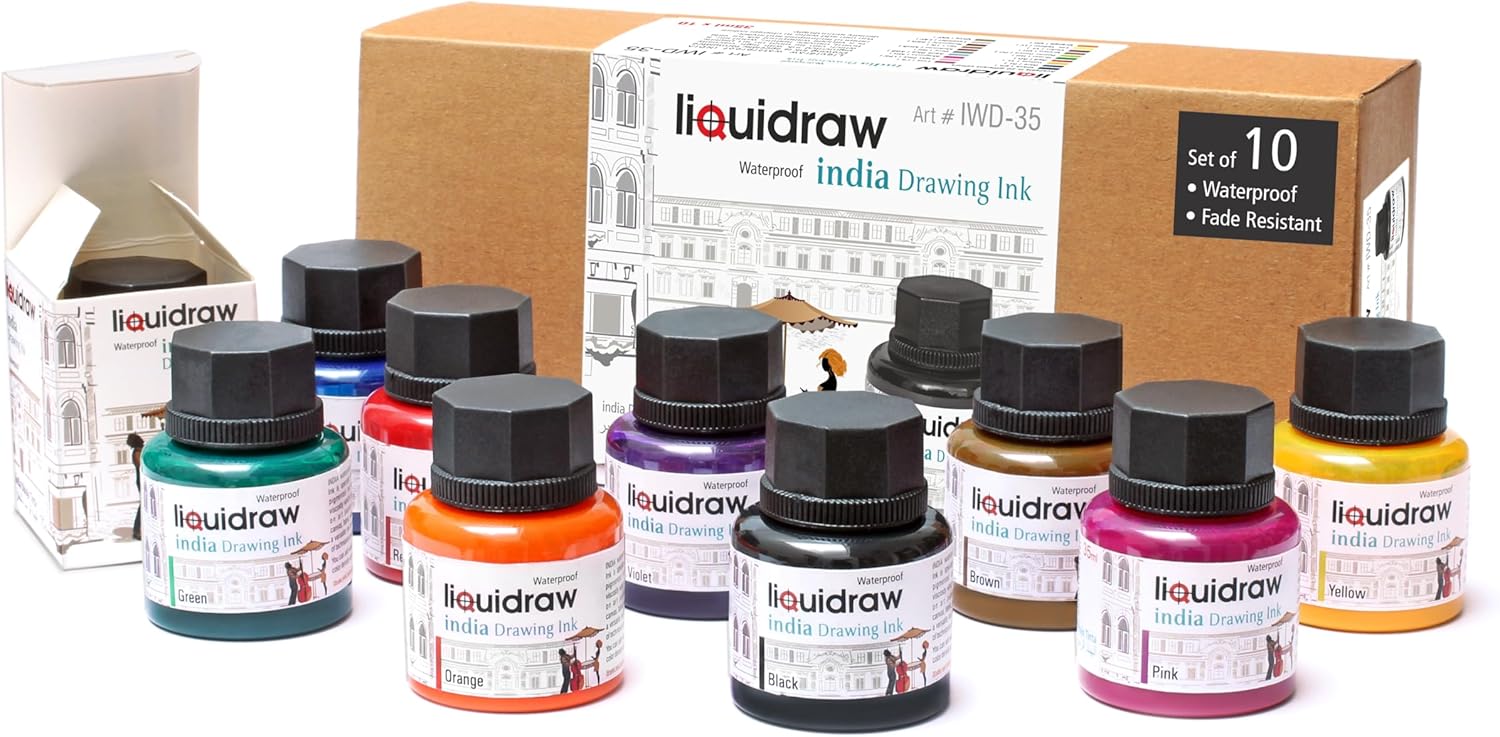 Liquidraw Coloured Drawing Ink Set India Ink, Waterproof, Set of 10 ...