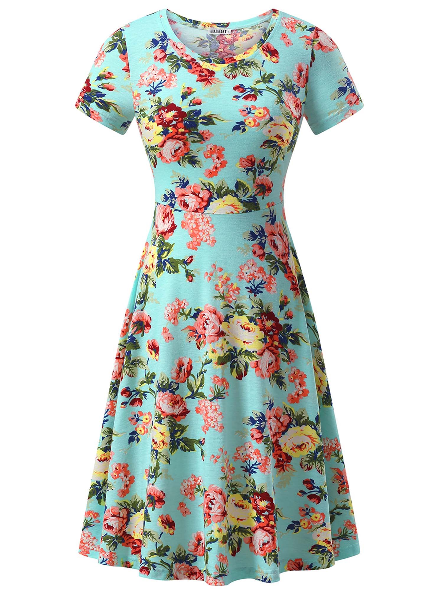 Buy huhot women short sleeve round neck summer casual flared midi dress ...