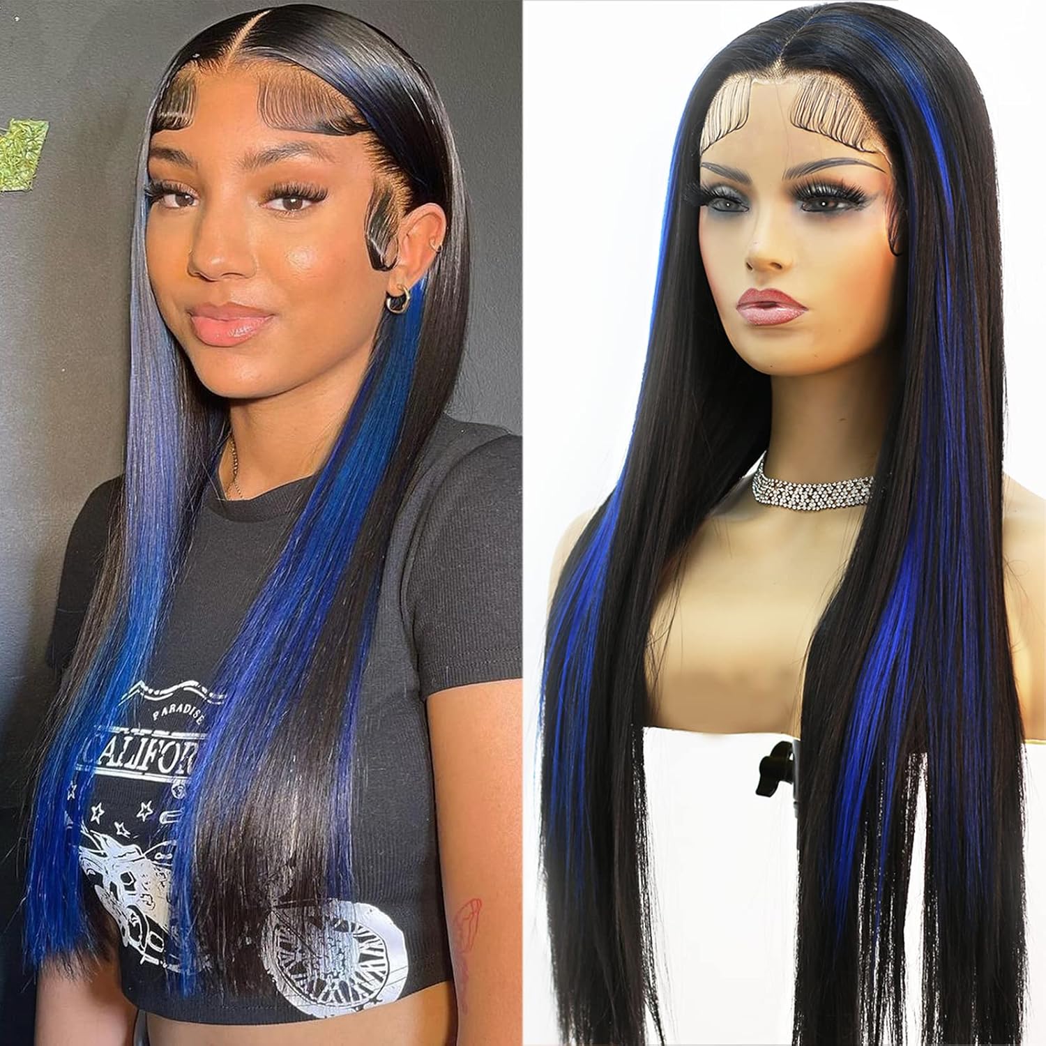 Amazon.com : Fugady Blue Highlight Wig Long Straight Lace Front Wig ...