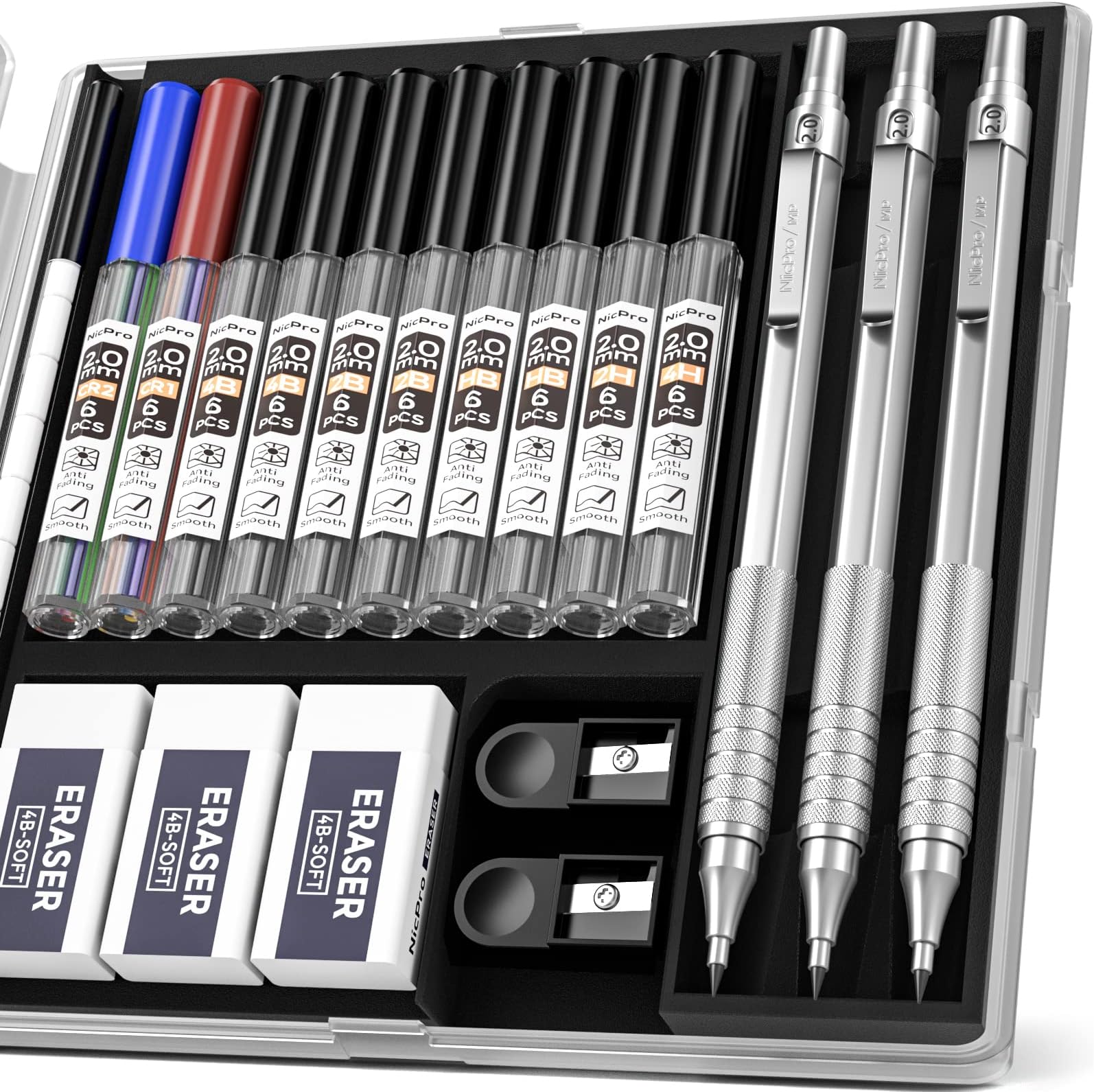 Nicpro Metal 2.0 Mechanical Pencil Set with Case, 3 PCS Drafting Lead ...