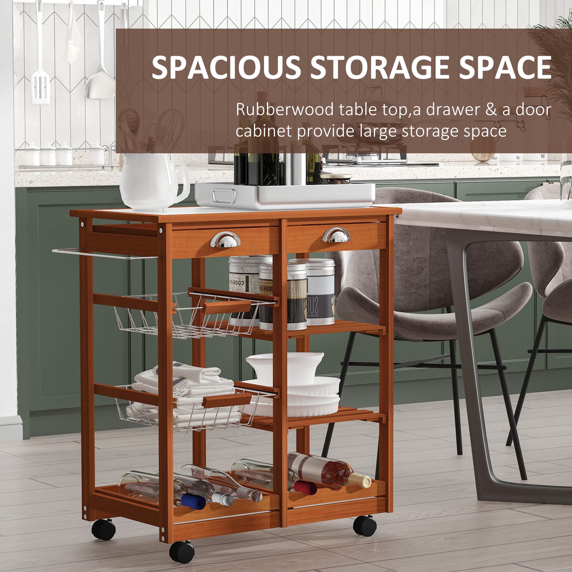 Buy HOMCOM Wooden Rolling Kitchen Cart Tile Counter Top Utility Trolley ...