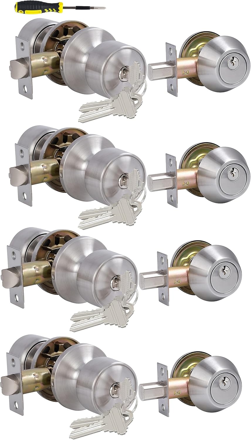 Lanwandeng 4 Sets Keyed Alike Entry Door Knobs and Single Cylinder ...