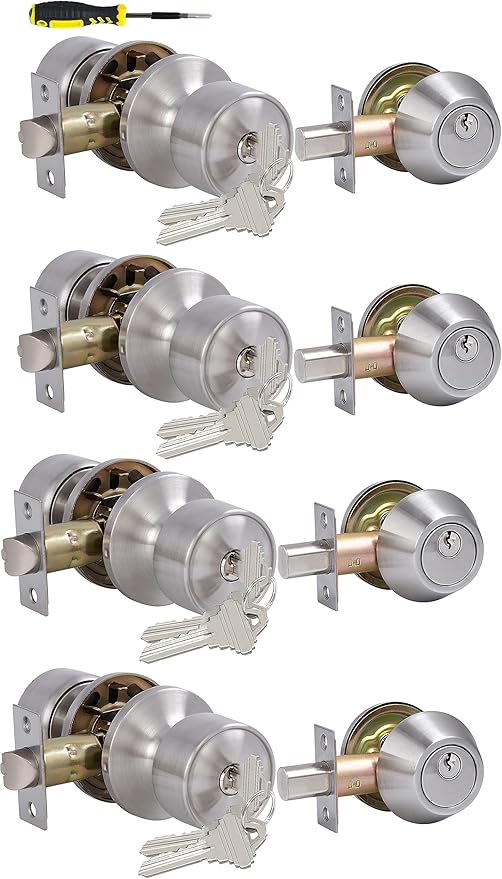 Lanwandeng 4 Sets Keyed Alike Entry Door Knobs and Single Cylinder ...
