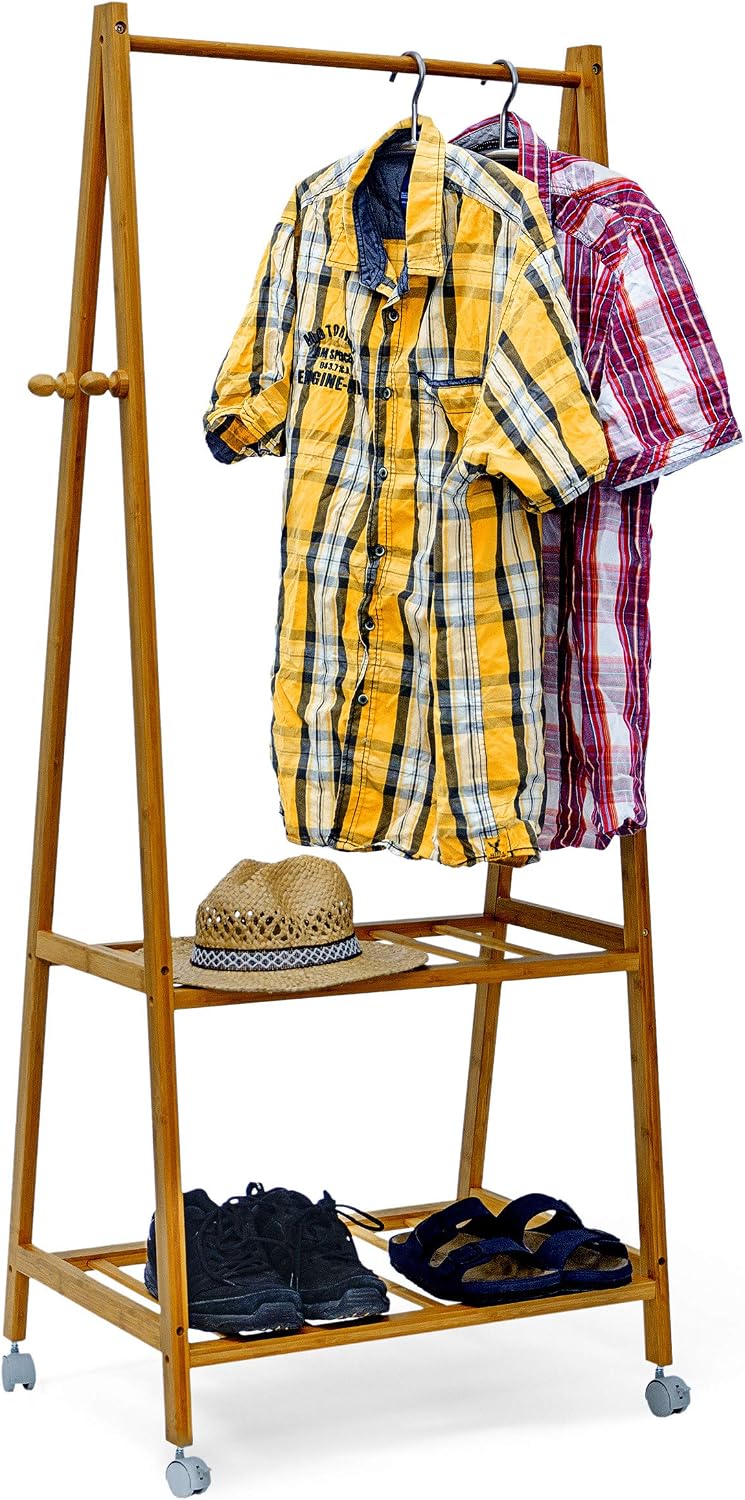 Relaxdays Kleiderständer Bambus HxBxT: 154x73,5x45 cm rollbarer ...