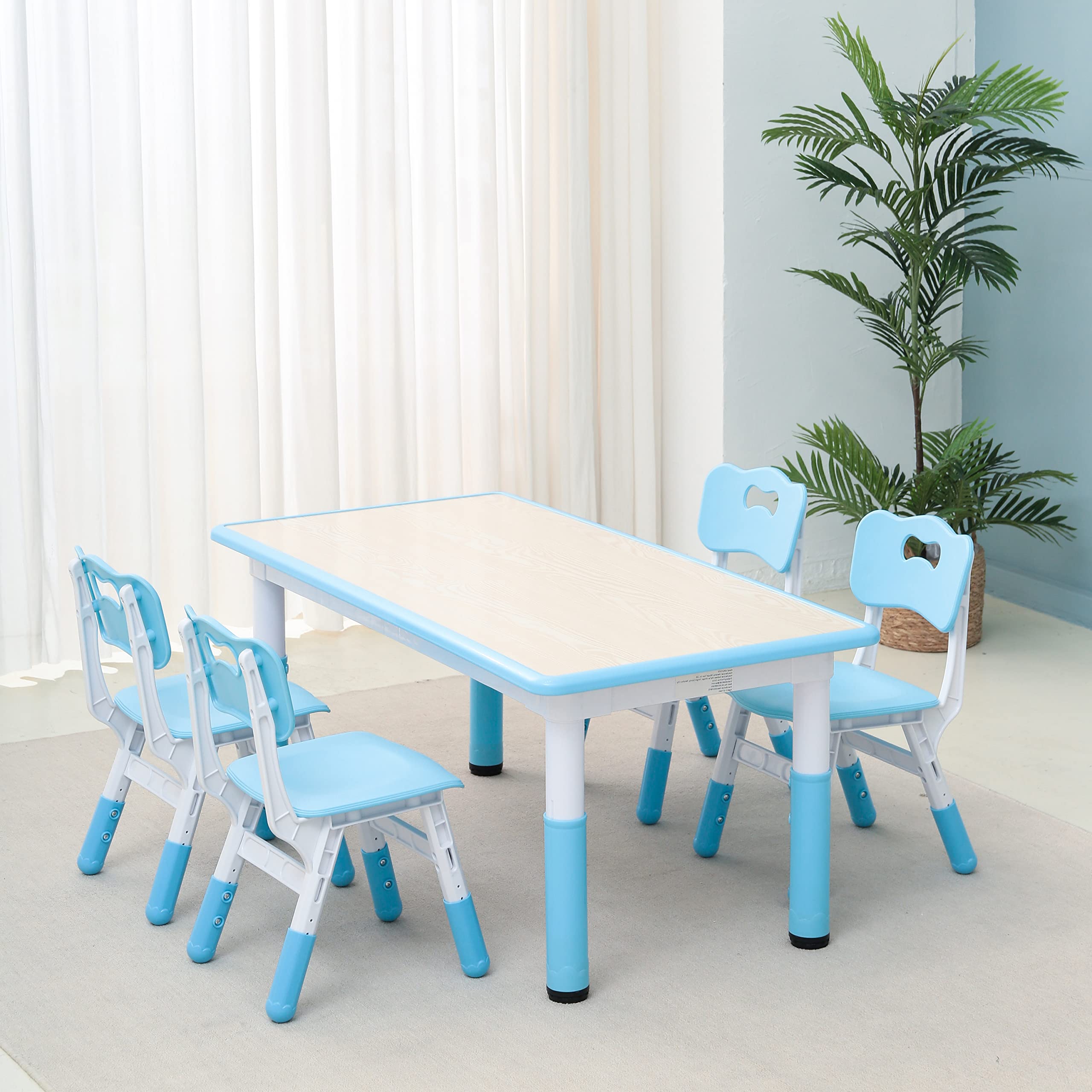 Kids Table and Chair Set, Height-Adjustable Toddler Desk with 4 Seats ...