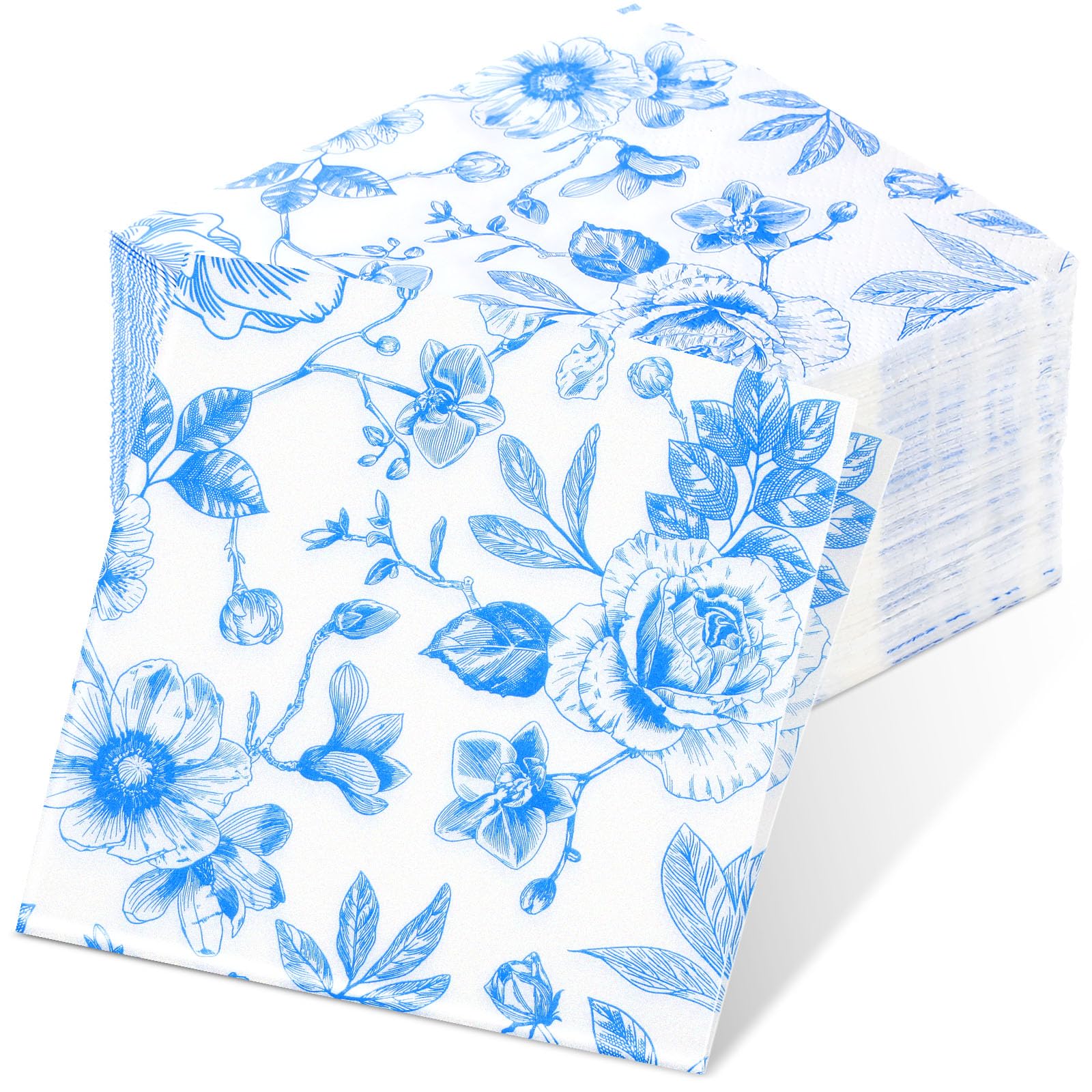 Amazon.com: Outus 100 Pcs Blue Floral Cocktail Napkins, 3 Ply Blue ...