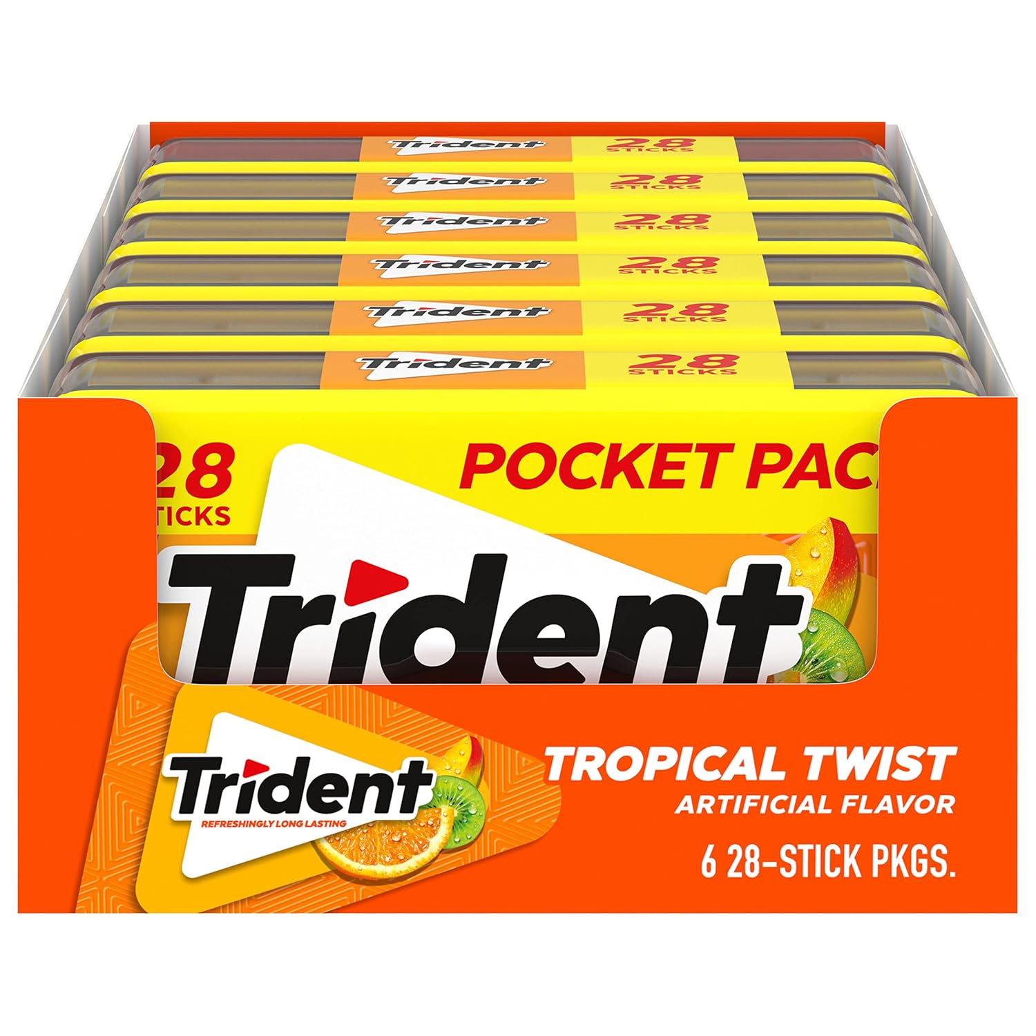 Trident Tropical Twist Sugar Free Gum, 6 Pocket Packs of 28 Pieces (168 ...