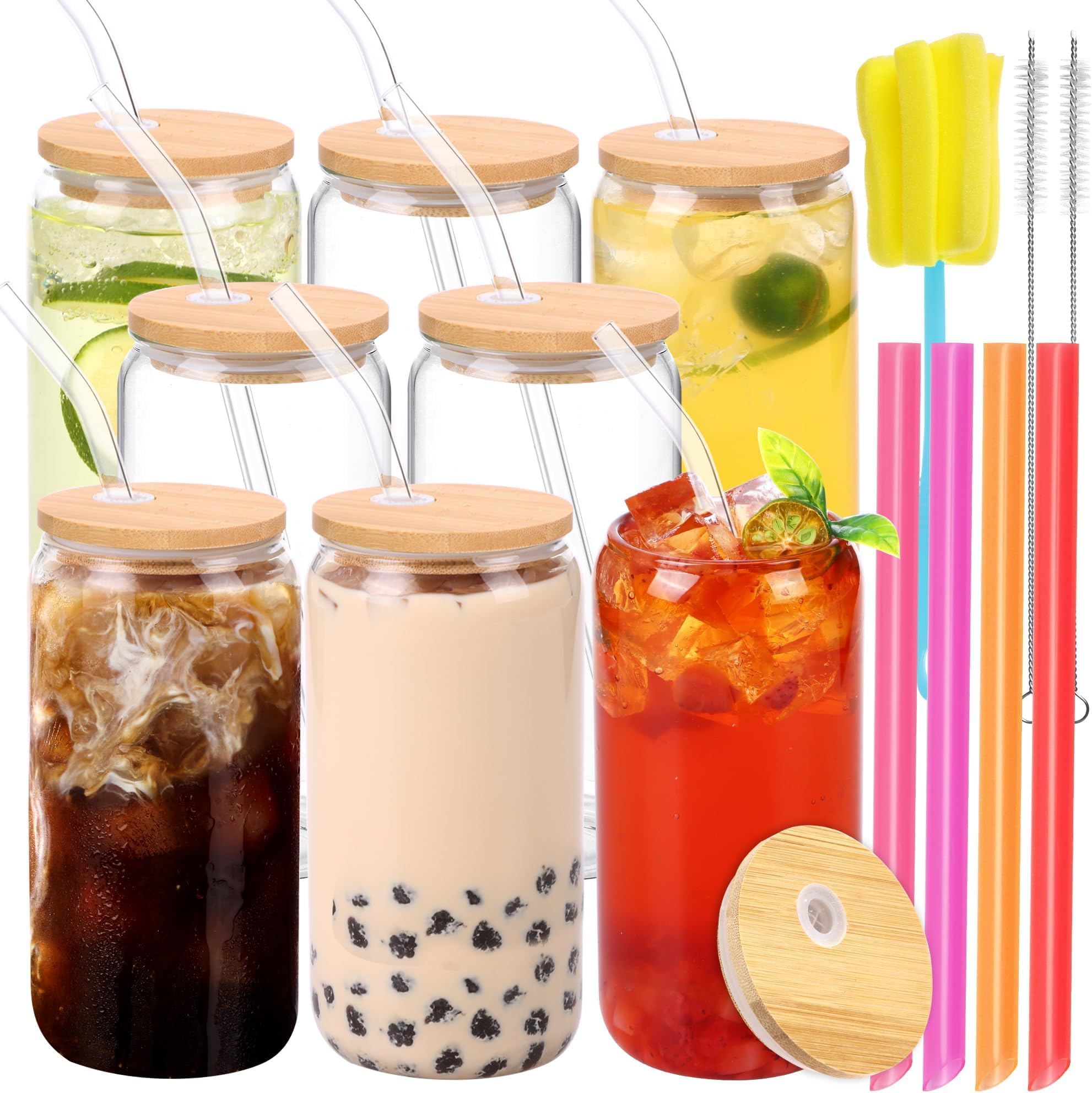 Amazon.com: [ 6pcs Set ] Glass Cups with Bamboo Lids and Glass Straw ...