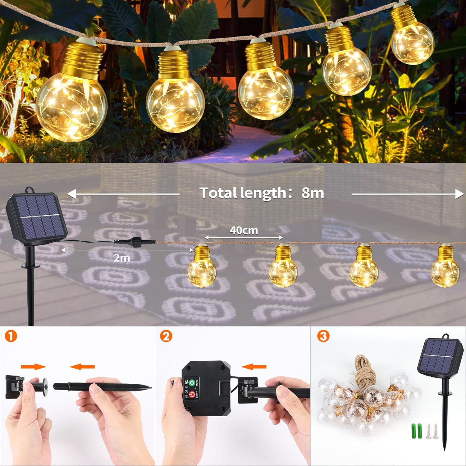 Solar String Lights Outdoor, 20ft Solar Patio Lights, Vintage Rope Hemp ...