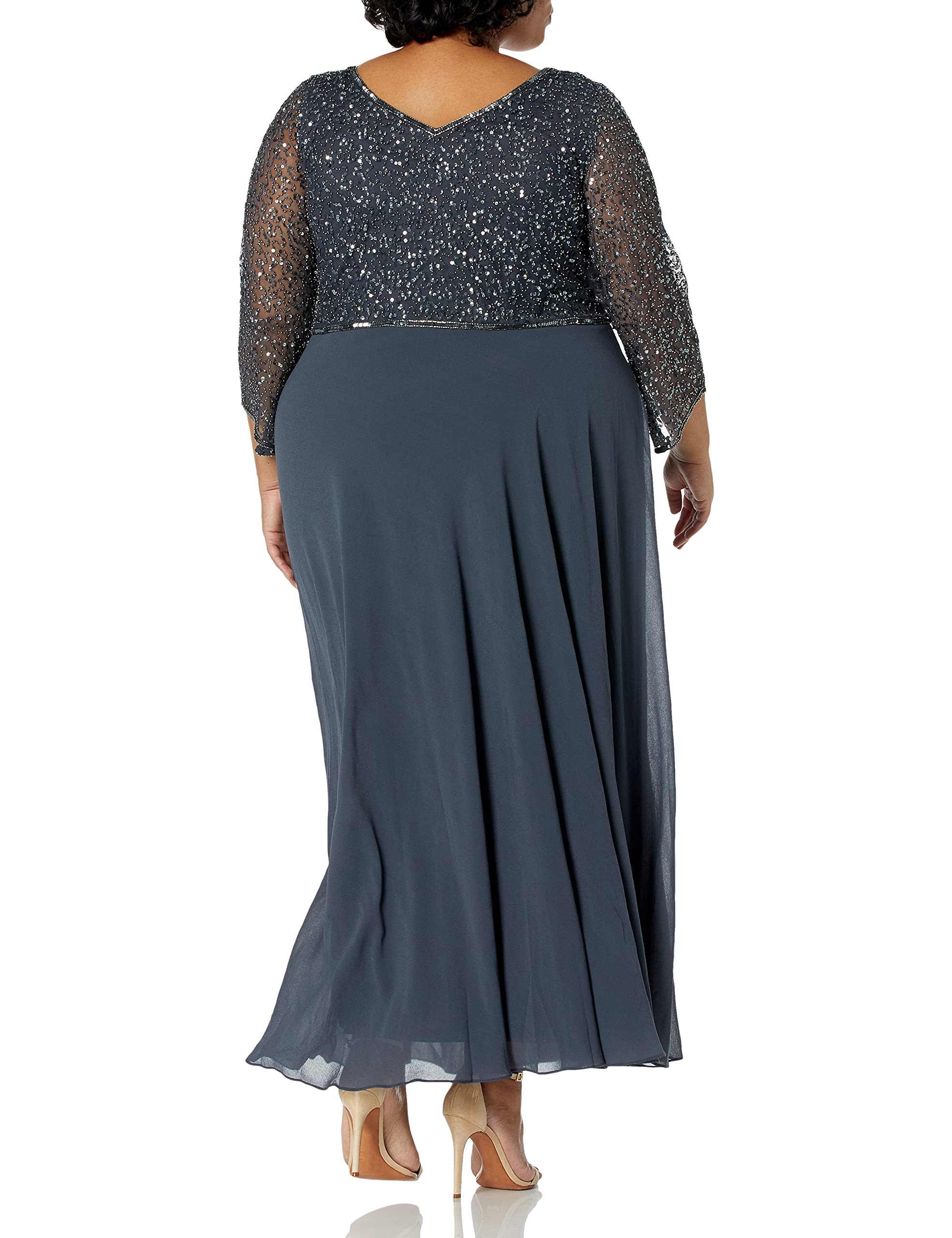 J Kara Women's Plus Size 3/4 Sleeve V-Neck Beaded Top Long Gown