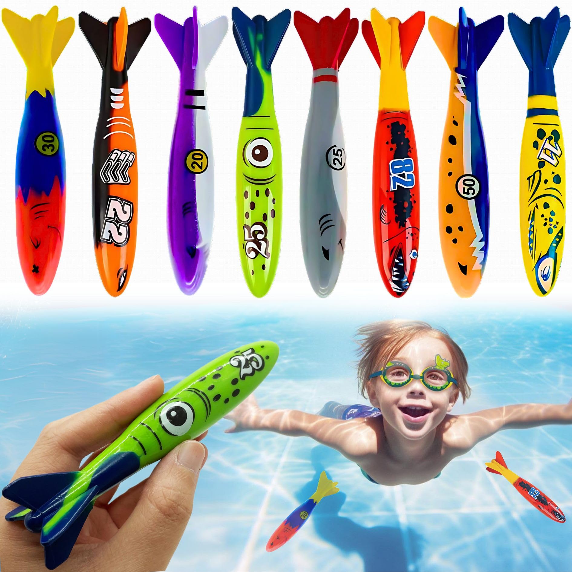 Snapklik.com : Haktoys 8-Pack Diving Torpedo Pool Toys Underwater ...