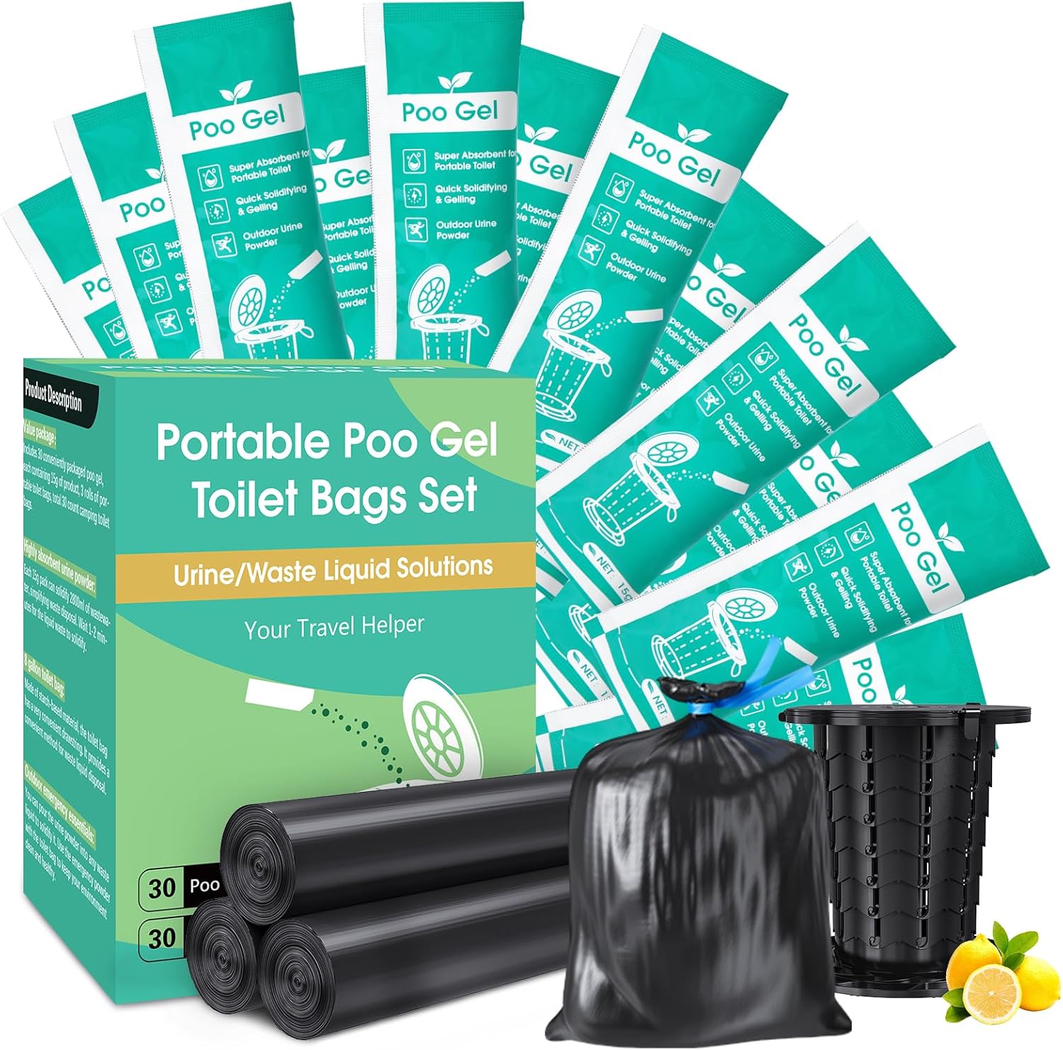 Amazon.com : 30 Portable Toilet Absorbent Poo Gel Set, 8 Gallon Camping Toilet Bags with ...