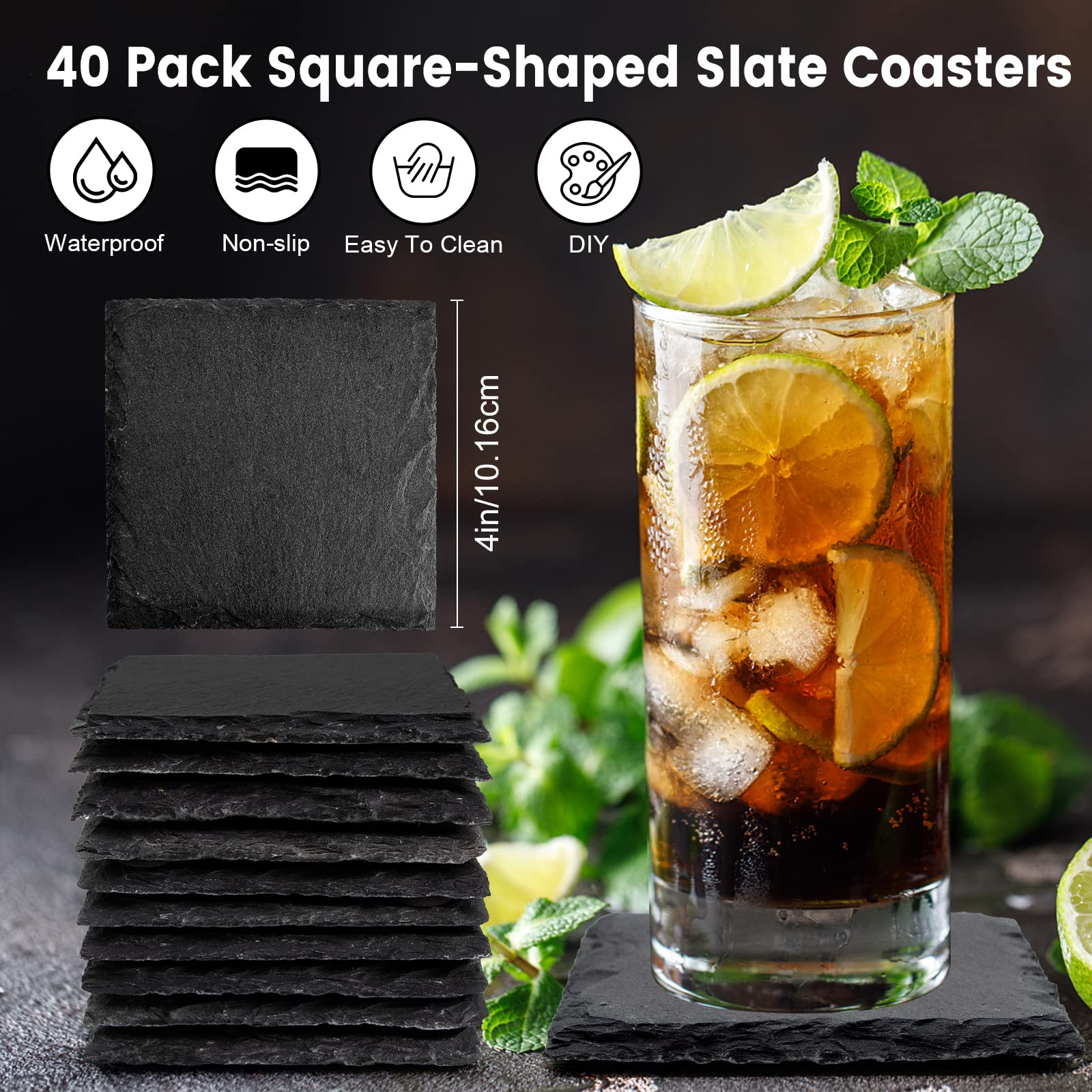 Aukful 40 PCS Slate Coasters Bulk 4 Inch Square Black Slate Stone ...