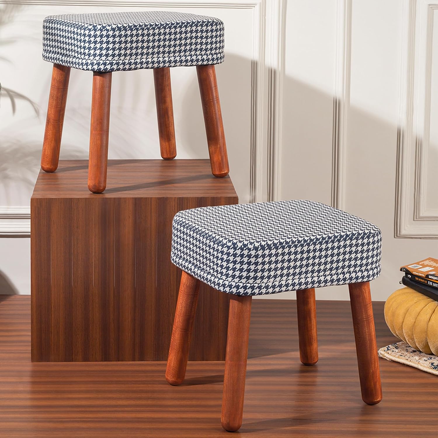 LUSHLIN Wooden Ottoman Pouffe Stool Set of 2 | Cotton Cushioned Puffy ...