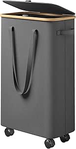 Amazon.co.jp: Raybee (レイビー) ローリングランドリーバスケット スリム ランドリーバスケット 蓋付き 背が高い 大きなかご ランドリー用 竹のハンドル付き ホイール付き ...