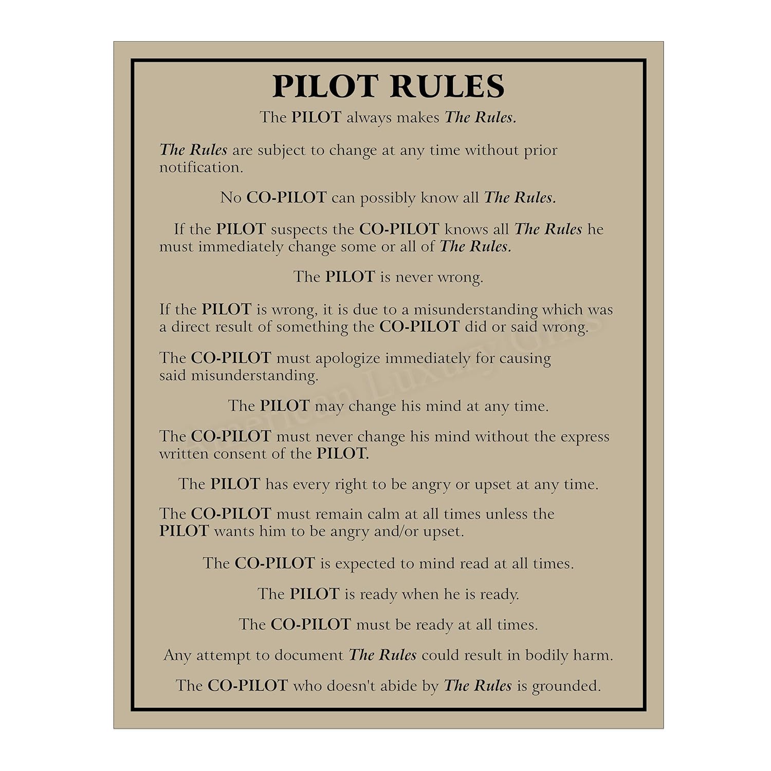 Amazon.com: "Pilot Rules-Pilot Always Makes The Rules" Funny Wall Sign ...