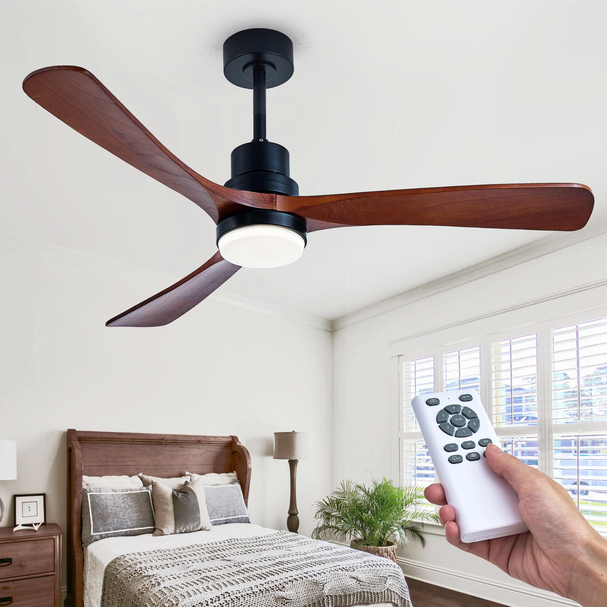HUMHOLD 52" Ceiling Fan with Lights and Remote, 3 Walnut Wood Blades ...
