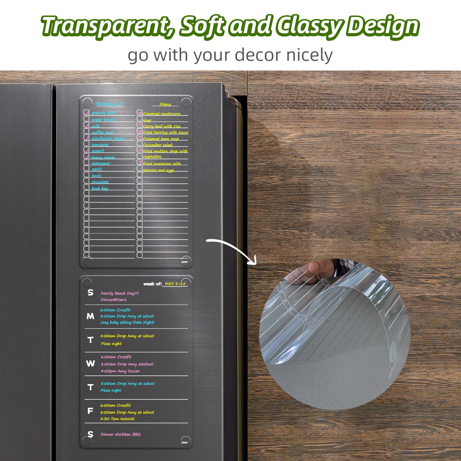Clear Reusable Weekly Planner For Fridge JJPRO Non-Magnetic Dry Erase ...