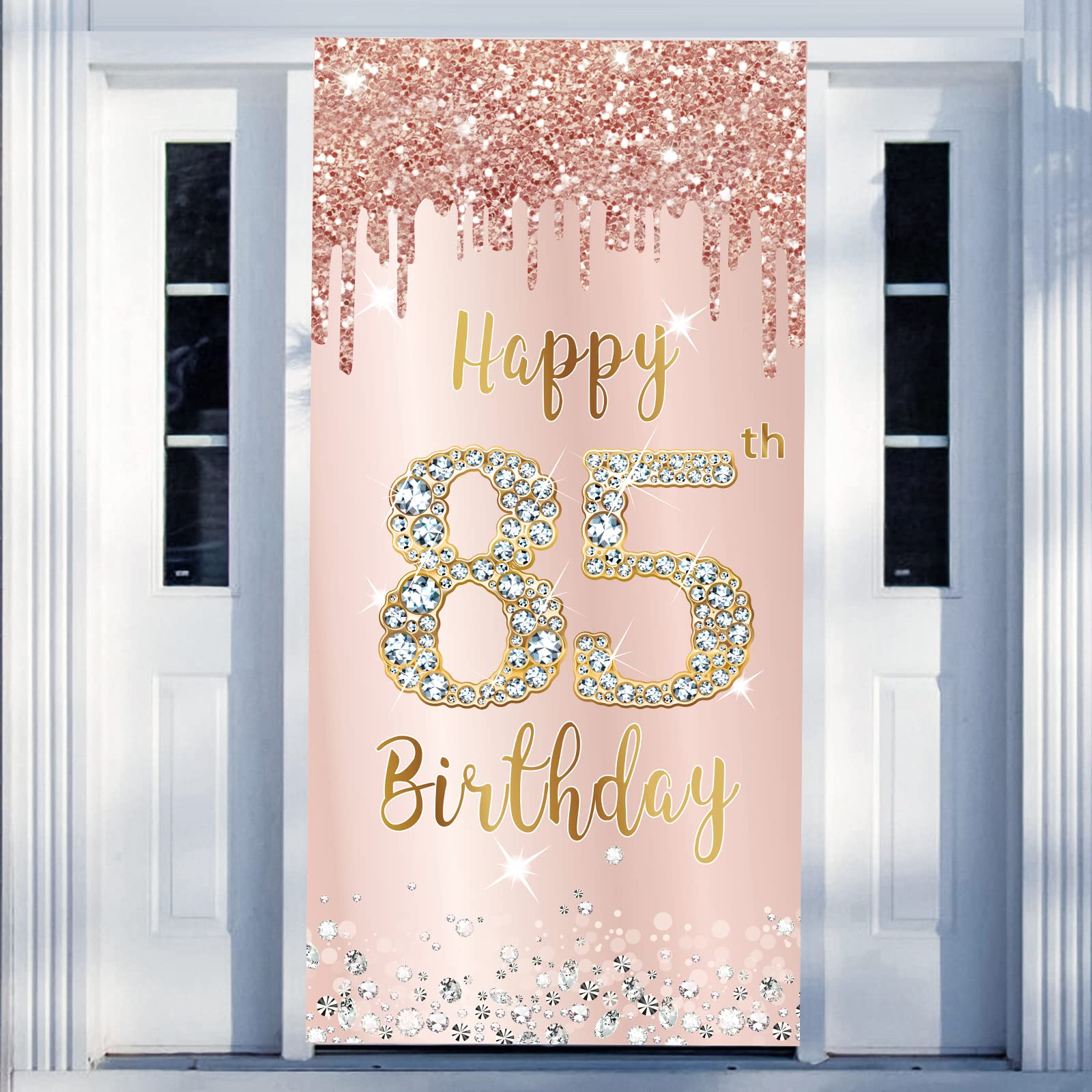 85th Birthday Door Banner Decorations for Women, Pink Rose Gold Happy ...