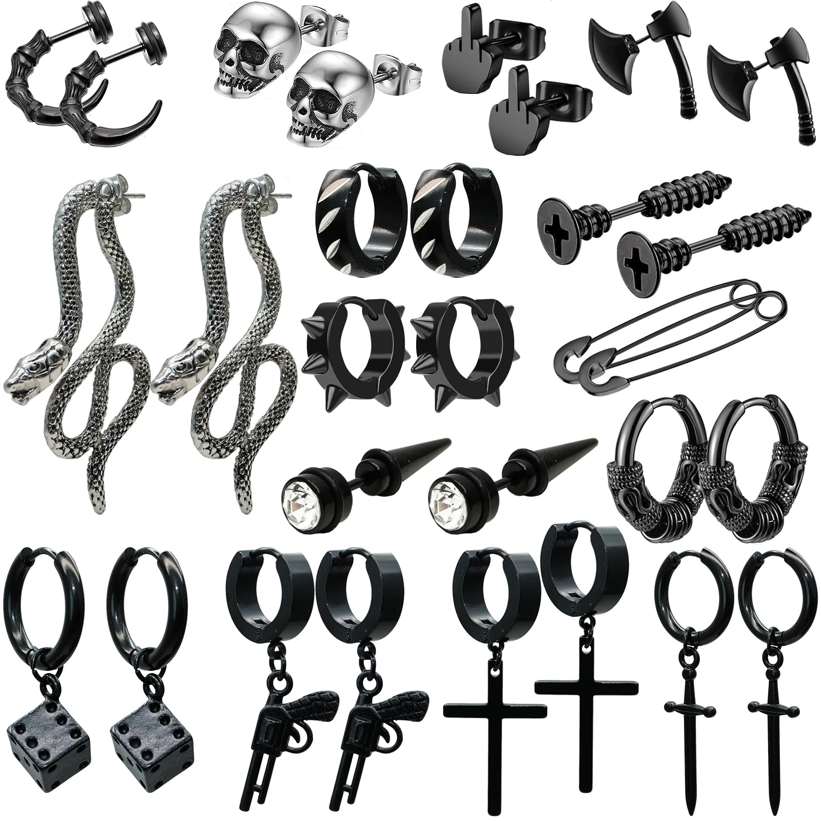 Amazon.com: KWUNCCI 15 Pairs Y2K Gothic Punk Earrings for Men, Black ...
