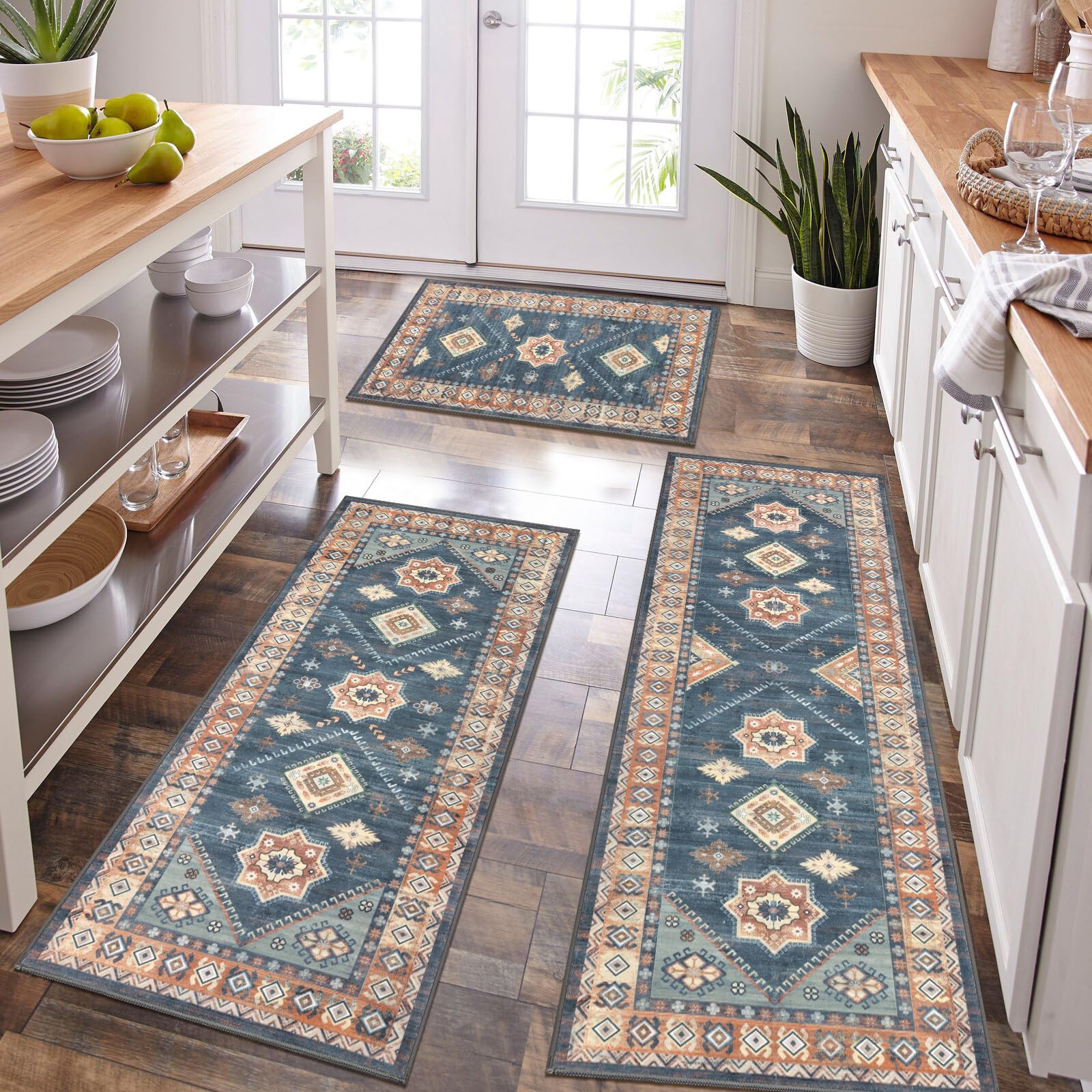 Amazon.com: HEBE Boho Kitchen Rug Sets 3 Piece with Runner Non Slip ...