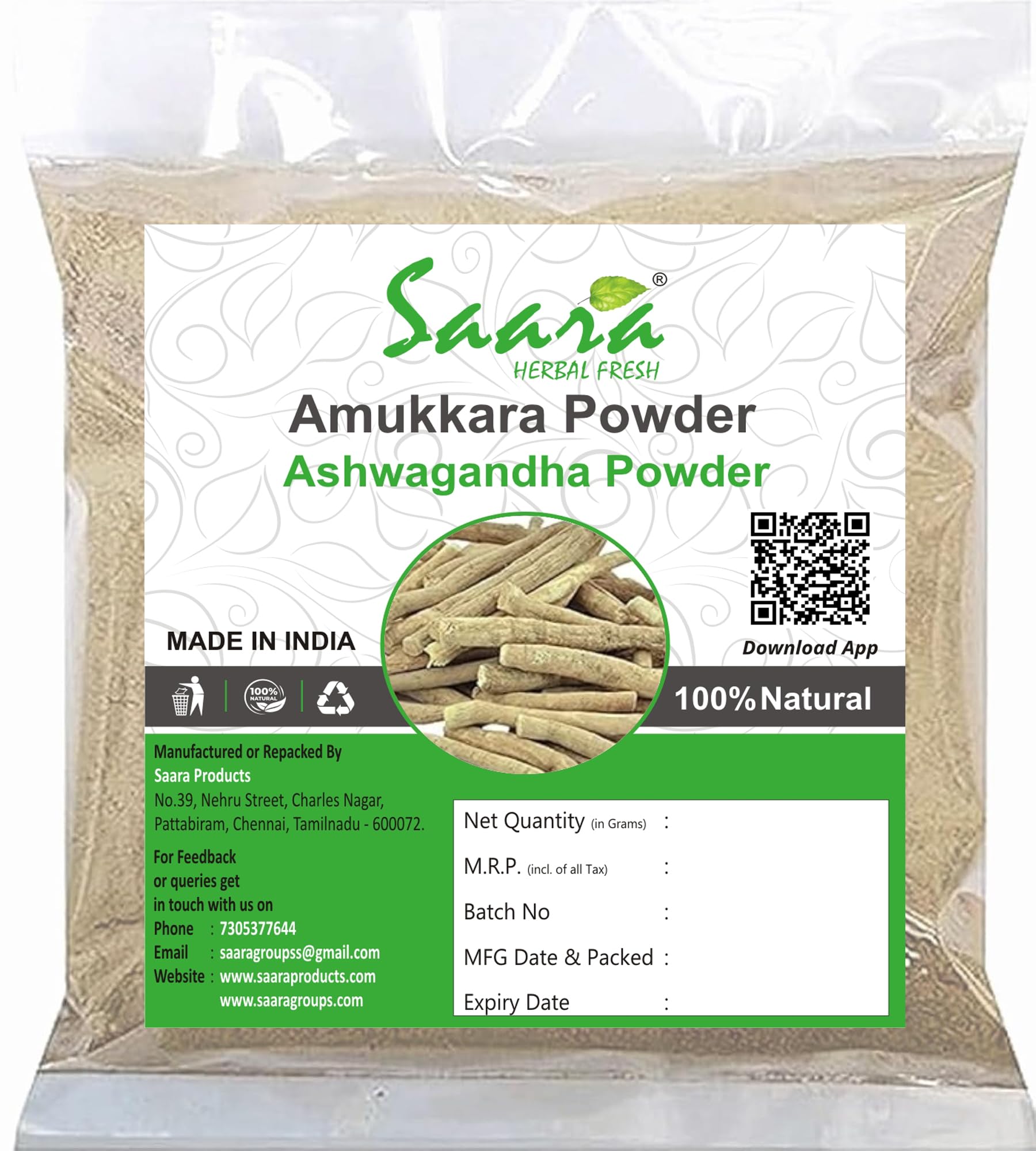 Buy Saara HERBAL FRESH Amukkara Powder, 400g, Indian Ginseng, Amukkara ...