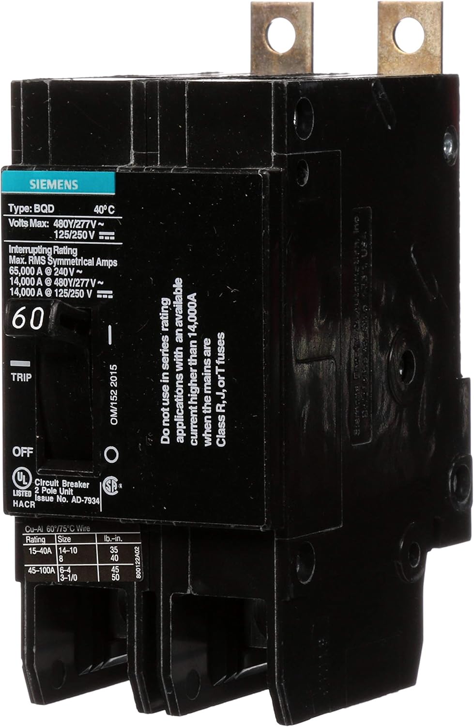 Siemens bqd260 60 Amp doble pole 480y/277 V AC – 125/250 V DC 14 KAIC ...