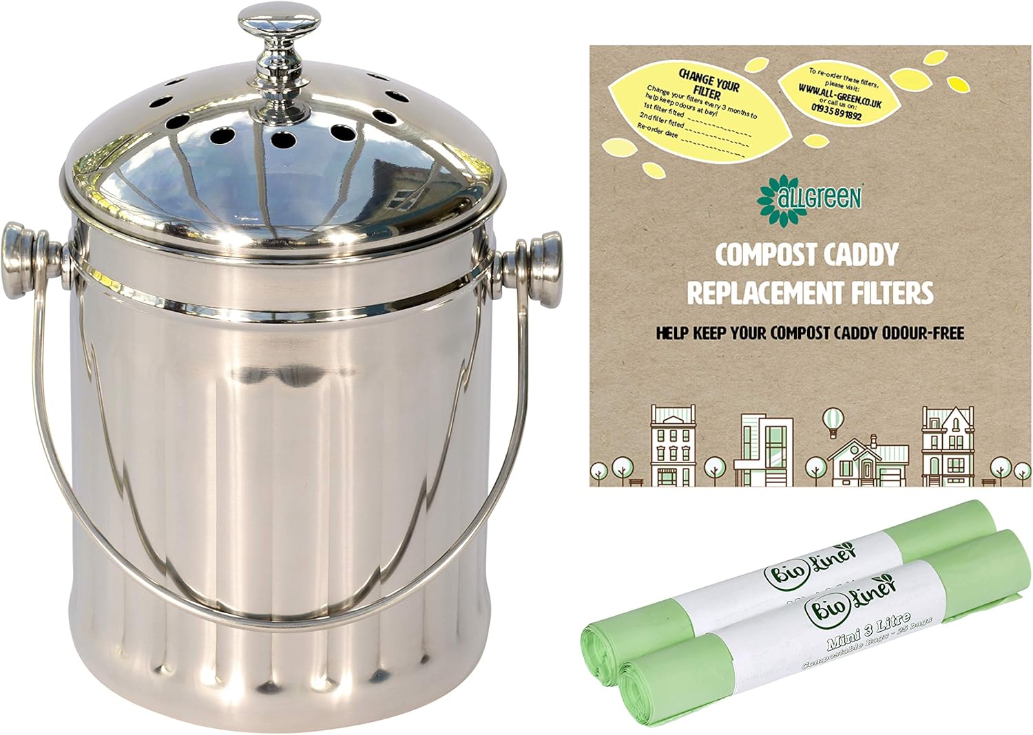 Mini Stainless Steel Kitchen Compost Caddy with 50 x 3L Compostable ...