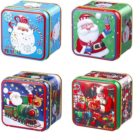 Christmas Cookie Tins with Lids 4 Packs Retro Candy Tinplate Boxes Christmas Square Metal Cookie ...