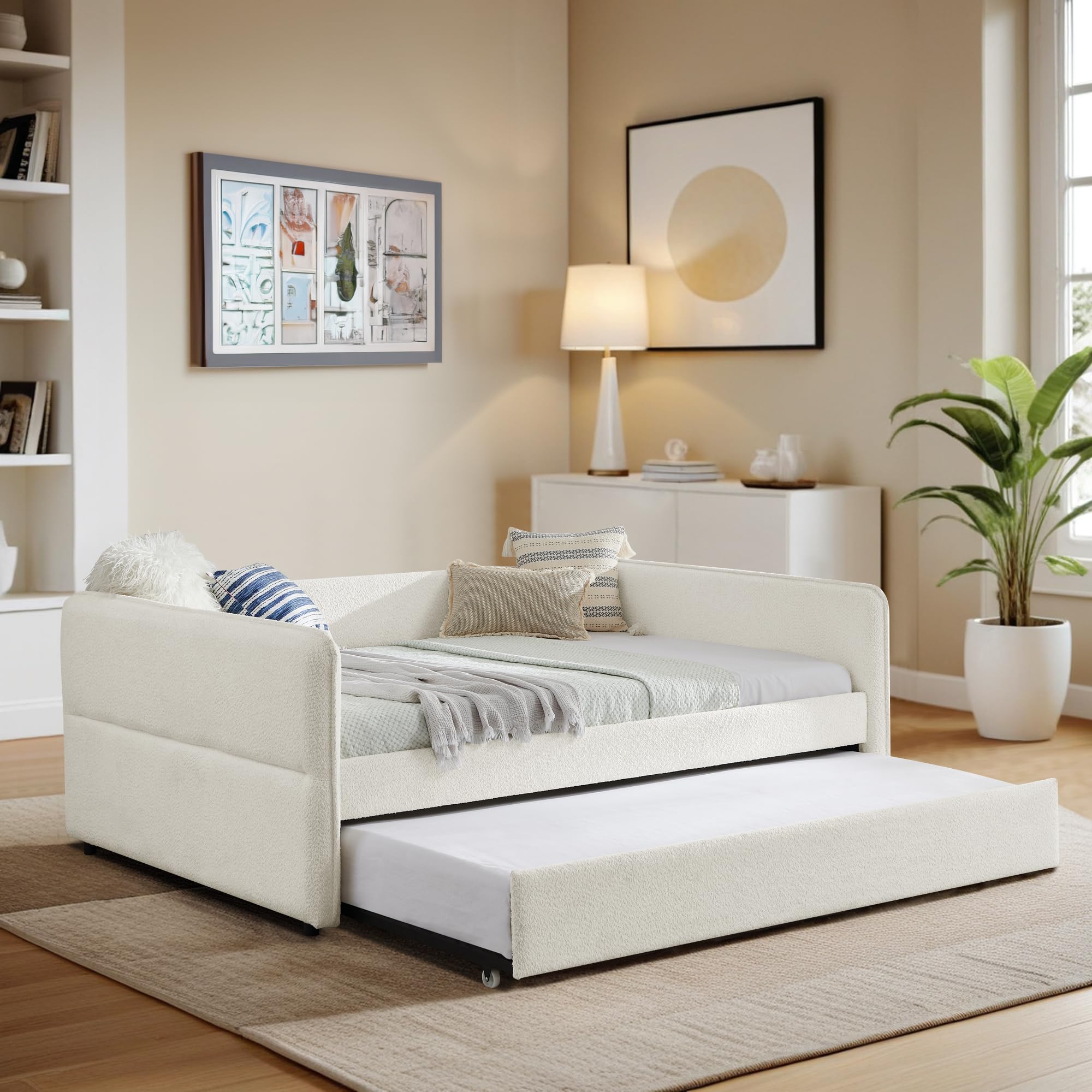 Amazon.com: Full Size Daybed with Trundle, Upholstered Boucle Fabric ...