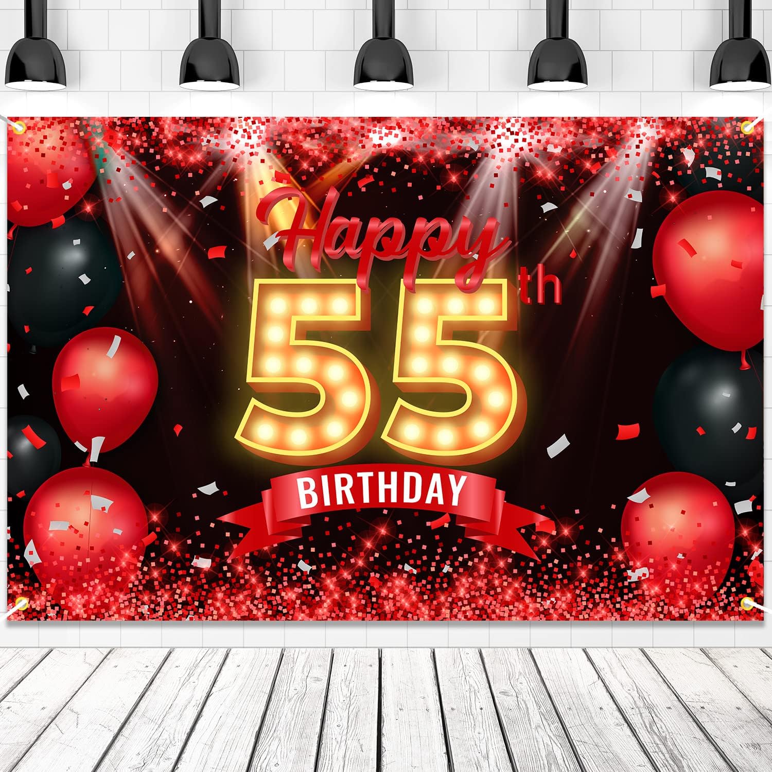 Amazon.com : Happy 55th Birthday Banner Backdrop Red and Black 55 Years ...