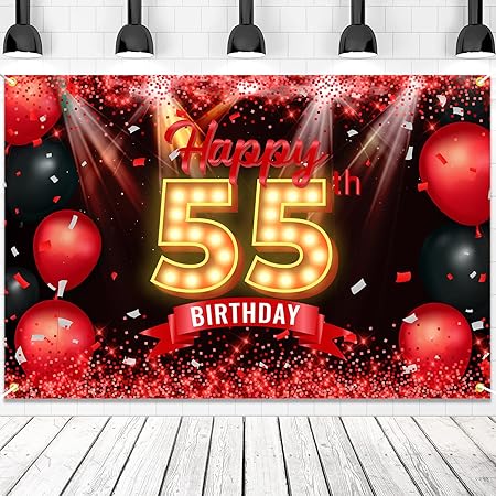Amazon.com : Happy 55th Birthday Banner Backdrop Red and Black 55 Years ...