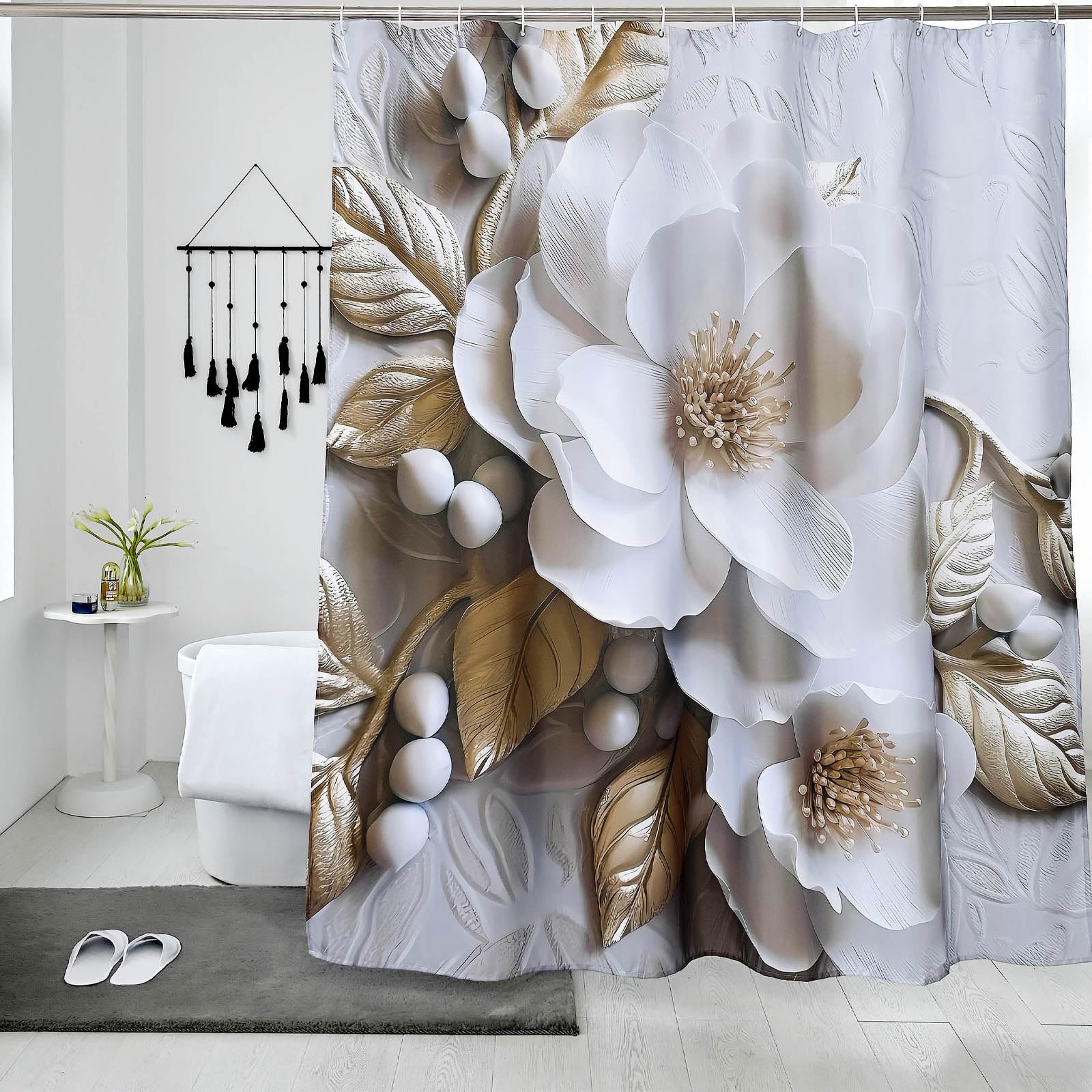 Amazon.com: Creamy-White Elegant Floral Shower Curtain with Gold Leaf ...