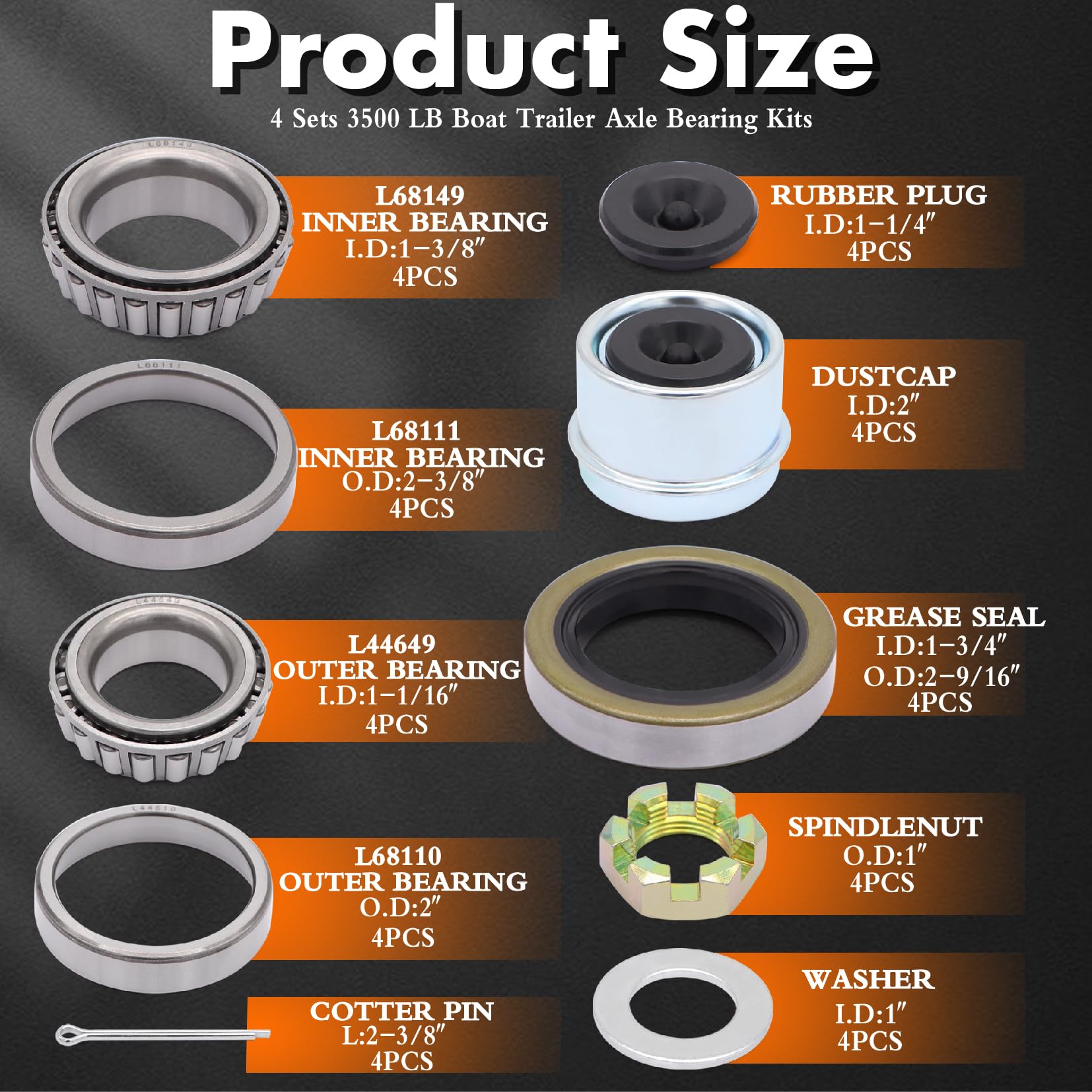 L44649 Bearing Kit Trailer Axle Kit 4 Sets 3500 LB Boat Trailer Axle ...