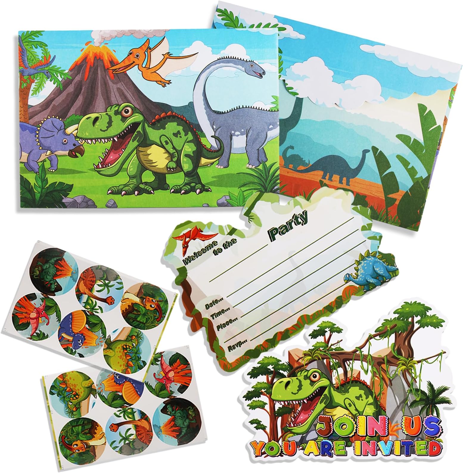12PCS Green Dinosaur Party Invitations Kids, with 12 Dinosaur Envelopes ...