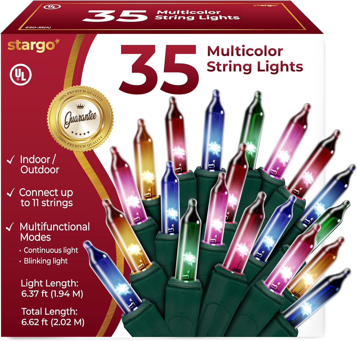 Amazon.com: Warm Multi Color Christmas Tree Lights - 6.3 ft String of ...