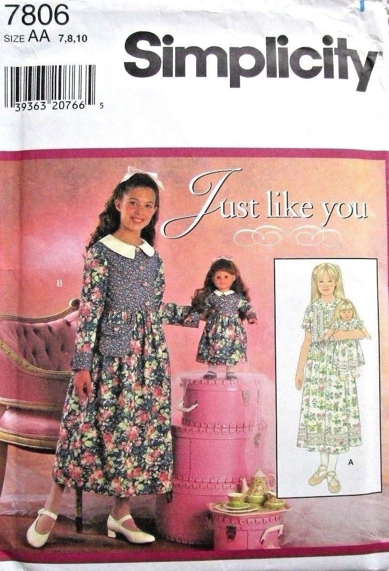 Amazon.com: SIMPLICITY 7806, GIRLS DRESS AND DOLL DRESS 18" ,SZ AA (7,8 ...